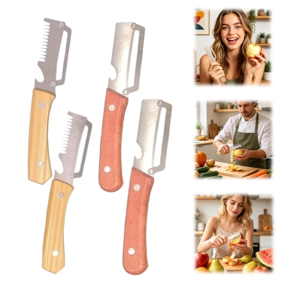 4-Pack Premium 3-in-1 Peeler Set, Wooden Handle with Stainless Steel ...