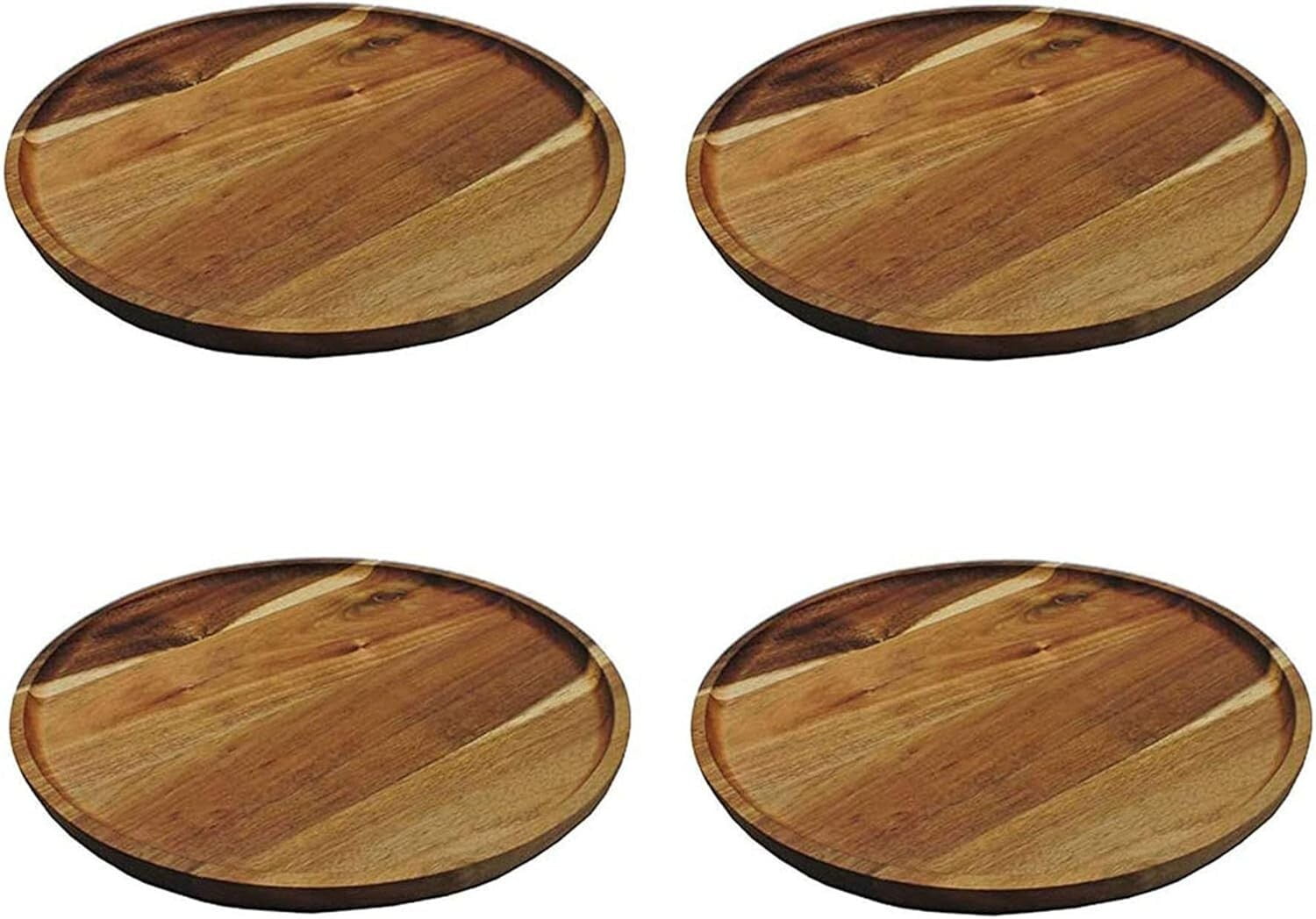 4 Pack Premium Acacia Wood Food Serving Plate Round Tea Tray 12.5in Dia ...