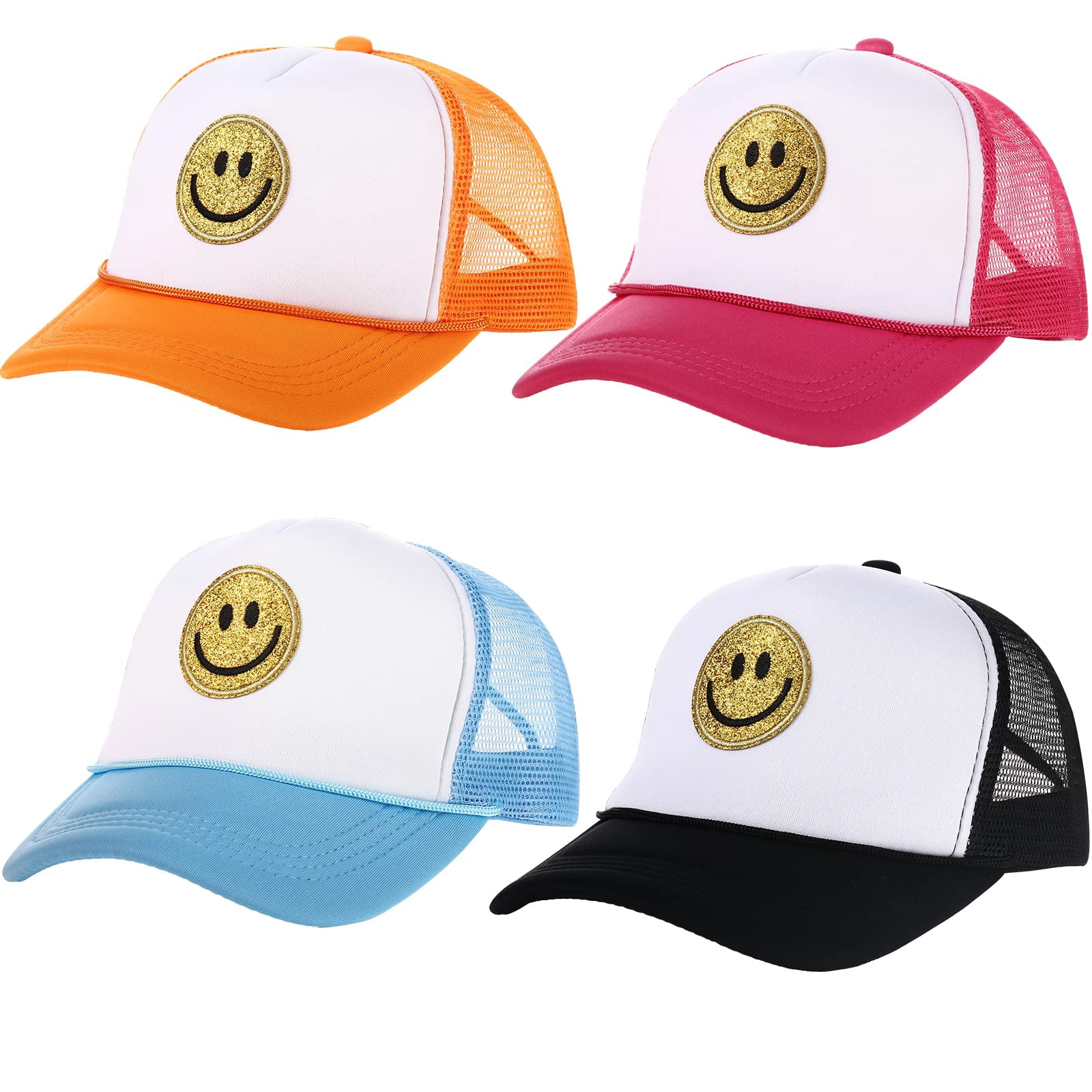 4 Pack Preppy Hat Smile Hat Stylish Smile Face Sequins Printing Trucker ...
