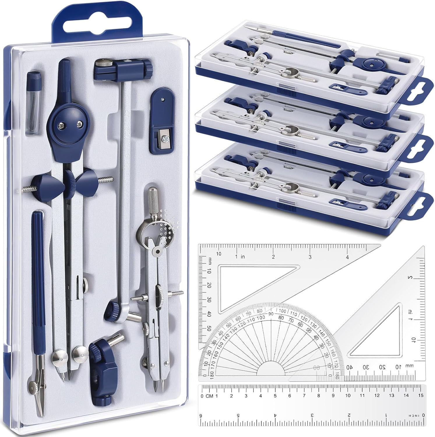 4 Pack Professional Geometry Set Compass Geometry Tool Protractor and ...