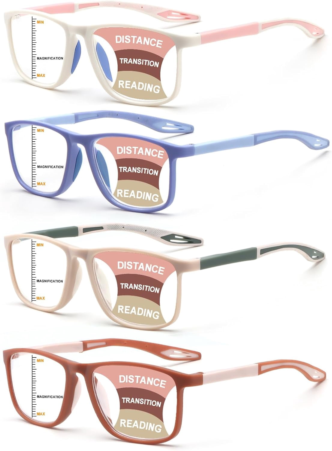 4 Pack Progressive Multifocus Reading Glasses for Men Women TR90 Sports ...