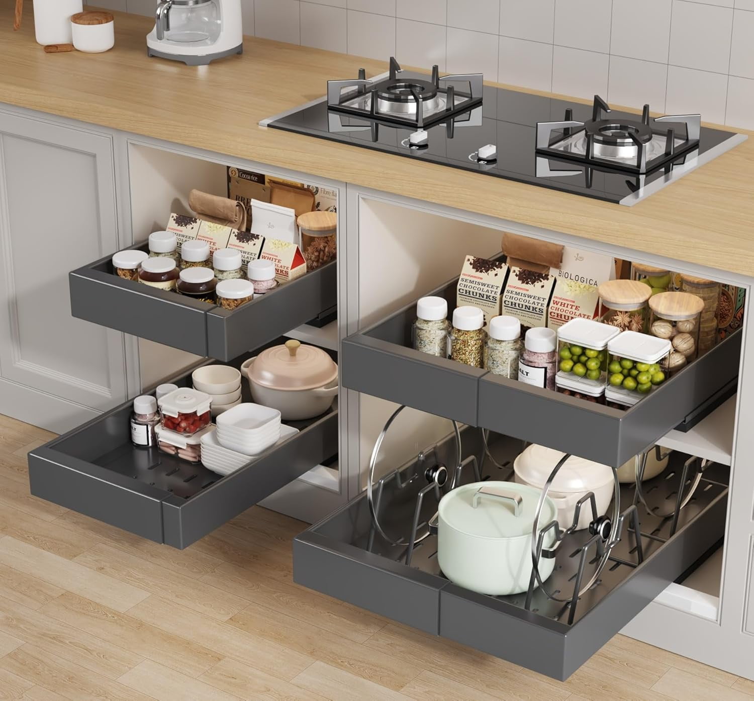 4 Pack Pull Out Cabinet Organizer 21" Deep with Raising Pad for Framed ...