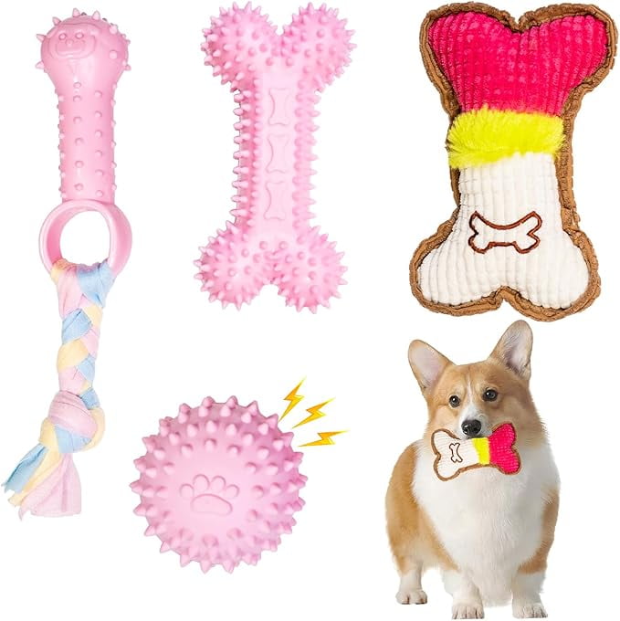 4 Pack Puppy Chew Toys for Teething Small Dogs, Pink Soft Rubber Dog ...