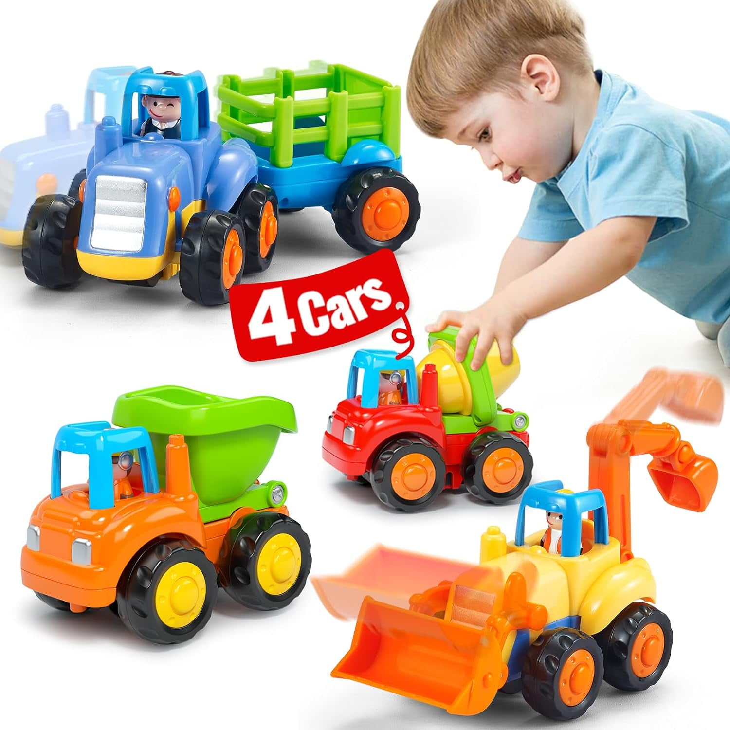 4 Pack Push and Go Friction Powered Cars Construction Vehicles Toy Set ...