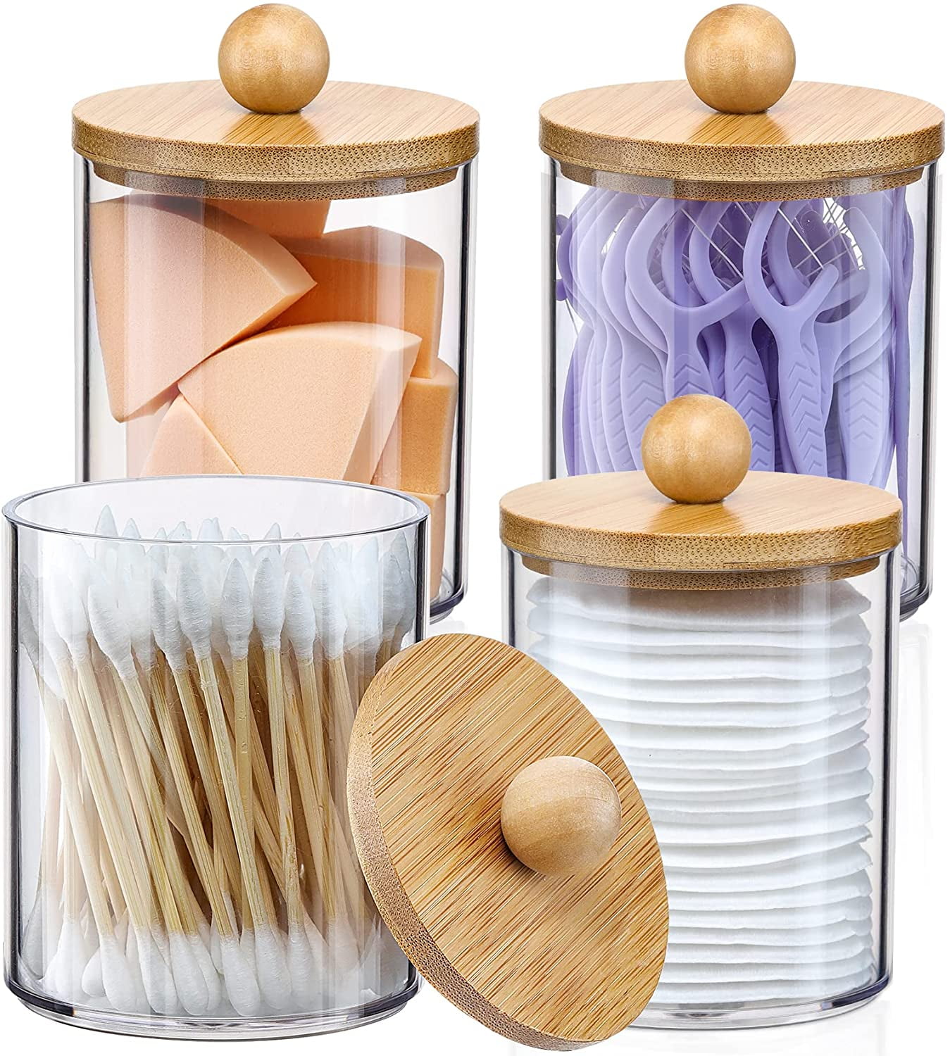 4 Pack Qtip Holder Dispenser with Bamboo Lids - Clear Plastic Jar ...