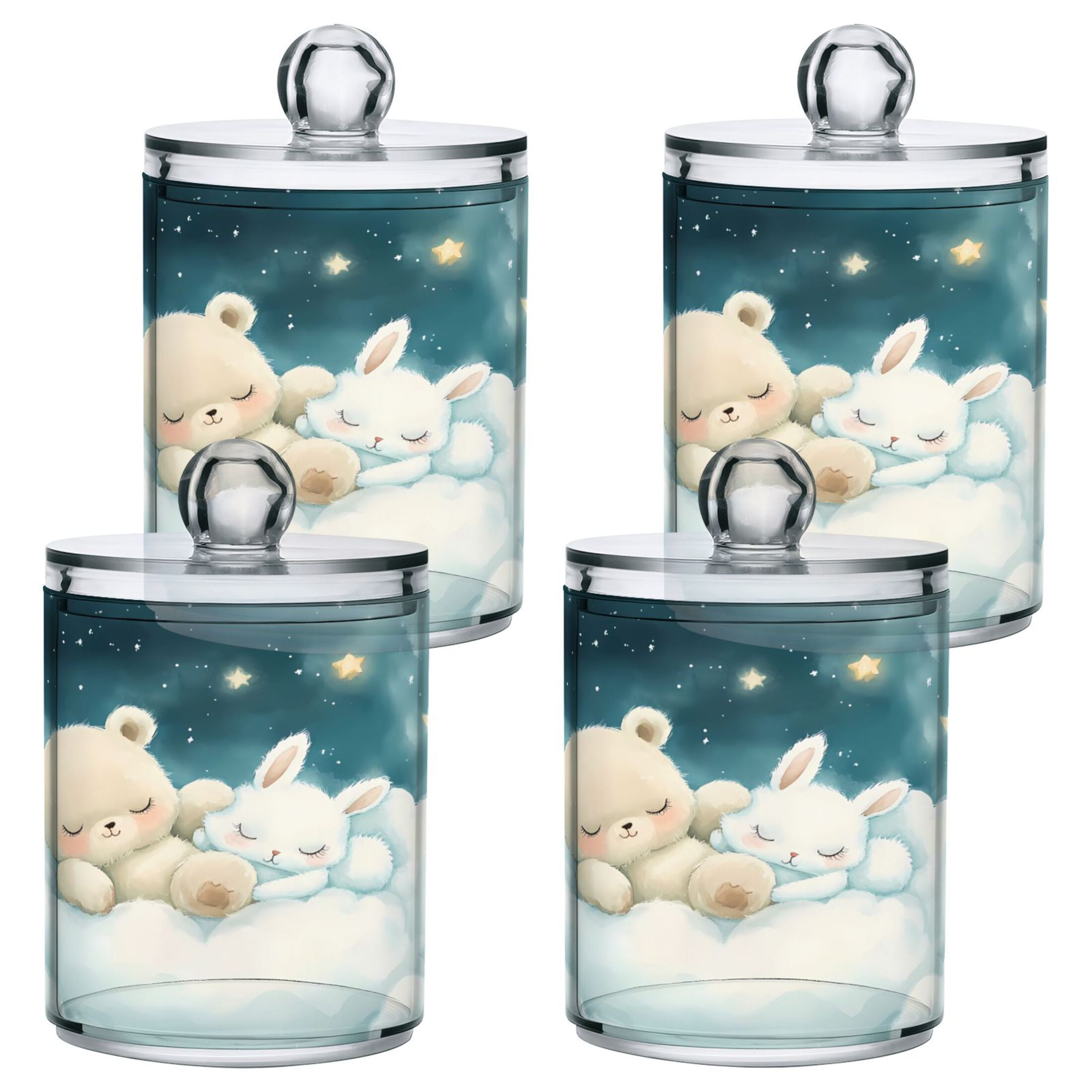 4 Pack Qtip Holder Dispenser Bear Rabbit Sleep on Cloud Clear Plastic ...