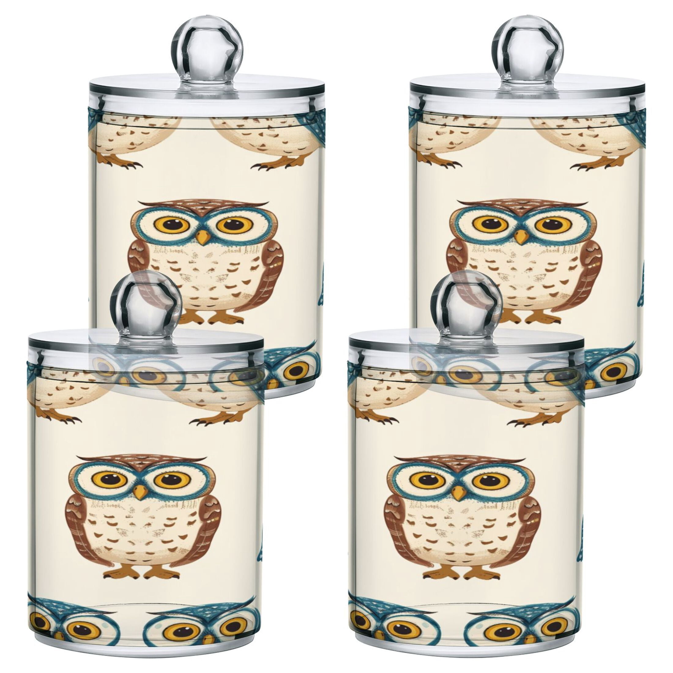 4 Pack Qtip Holder Dispenser Blue and Brown Owls Clear Plastic Storage ...