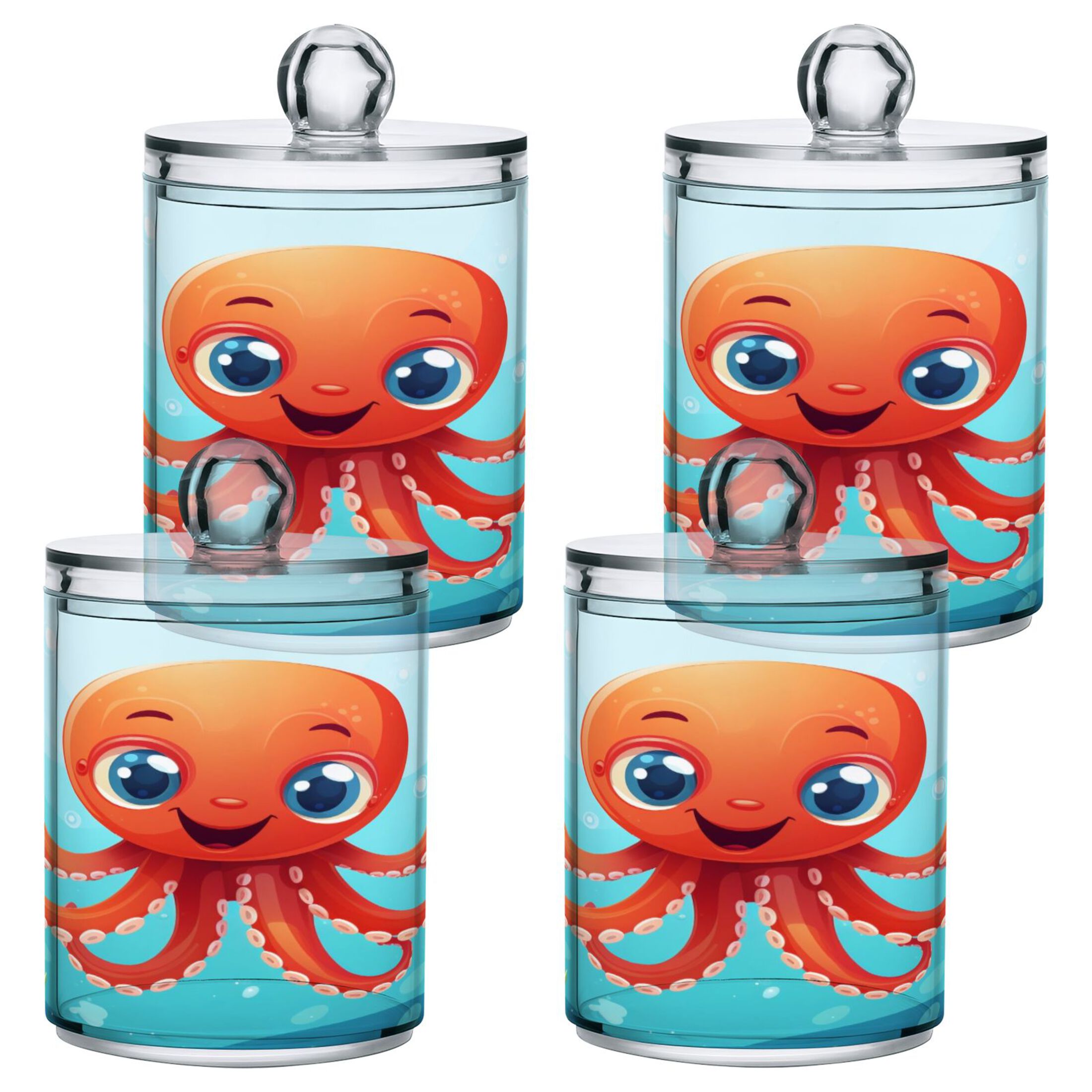 4 Pack Qtip Holder Dispenser Cartoon Cute Octopus in Sea Clear Plastic ...
