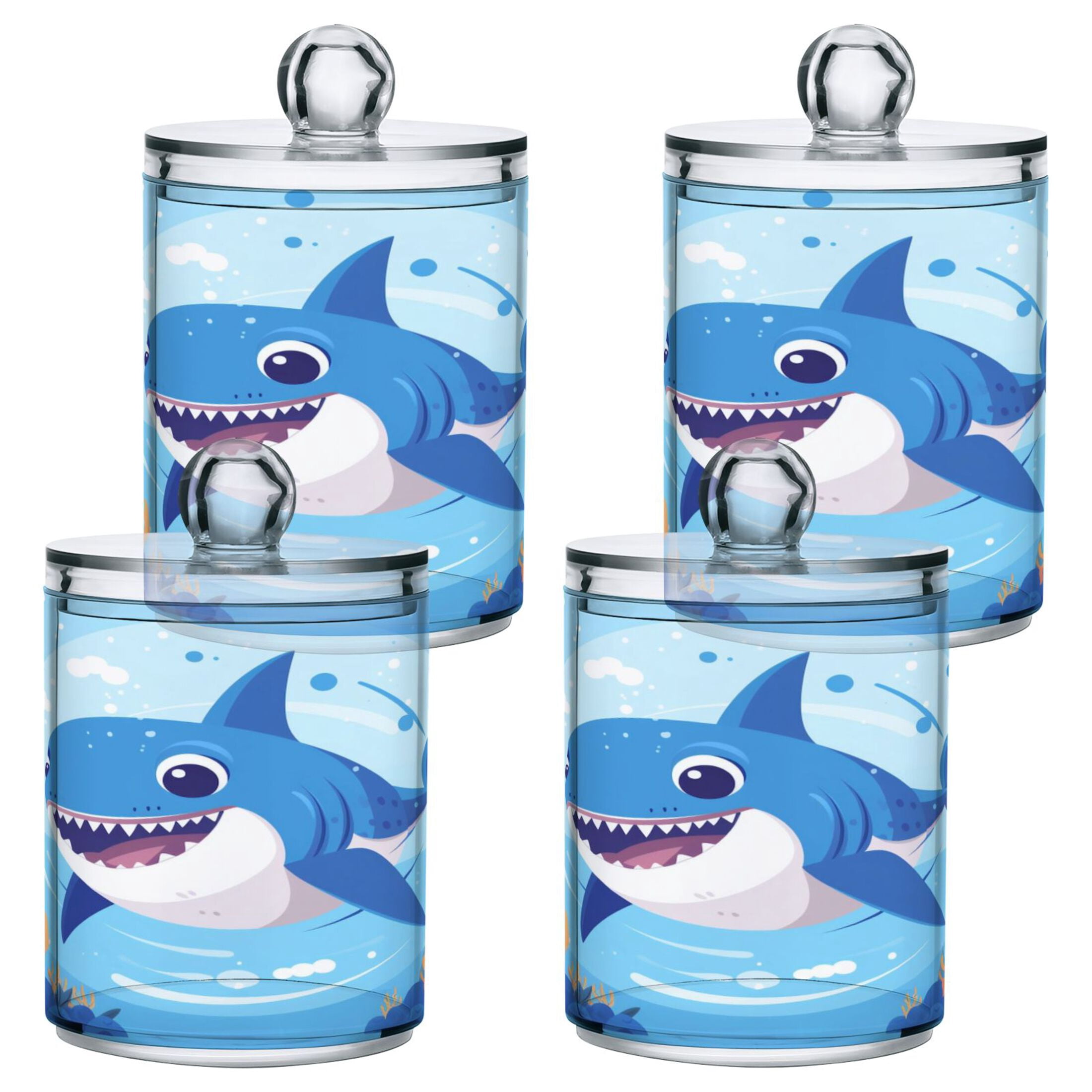 4 Pack Qtip Holder Dispenser Cartoon Cute Shark with Fish Clear Plastic ...