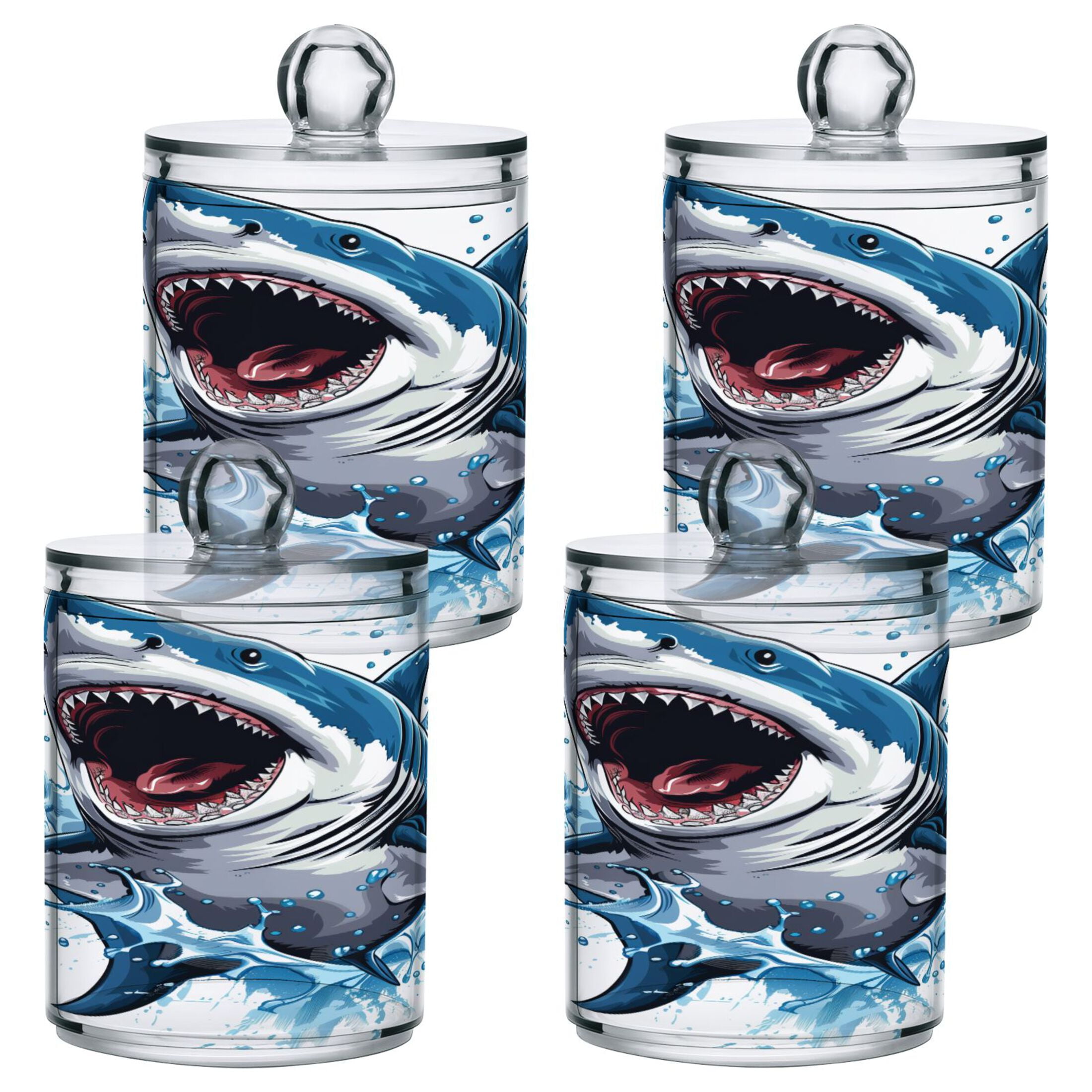 4 Pack Qtip Holder Dispenser Cartoon Fierce Shark Clear Plastic Storage ...