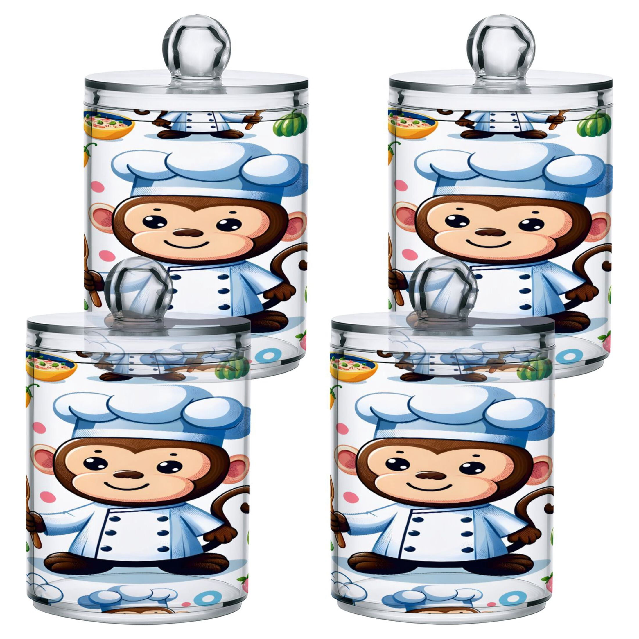 4 Pack Qtip Holder Dispenser Cartoon Monkey Animal Chef Clear Plastic ...