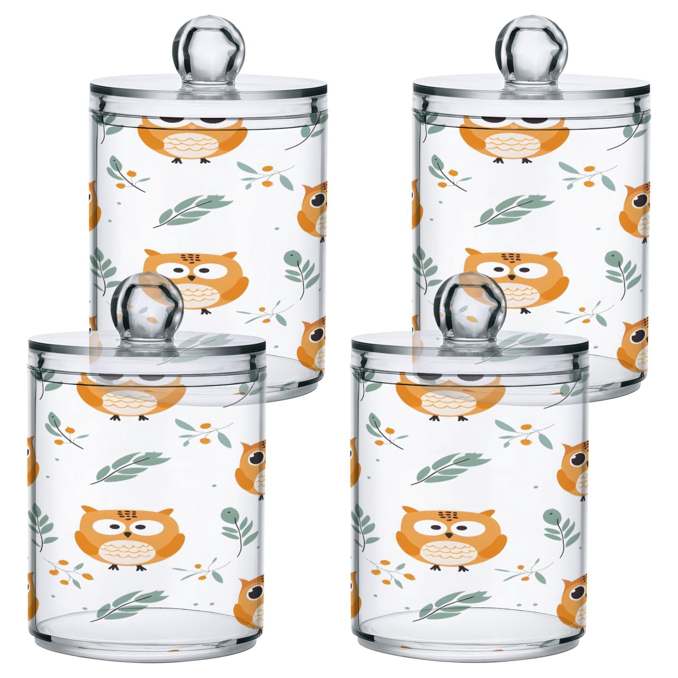 4 Pack Qtip Holder Dispenser Cartoon Owls and Leaf Clear Plastic ...