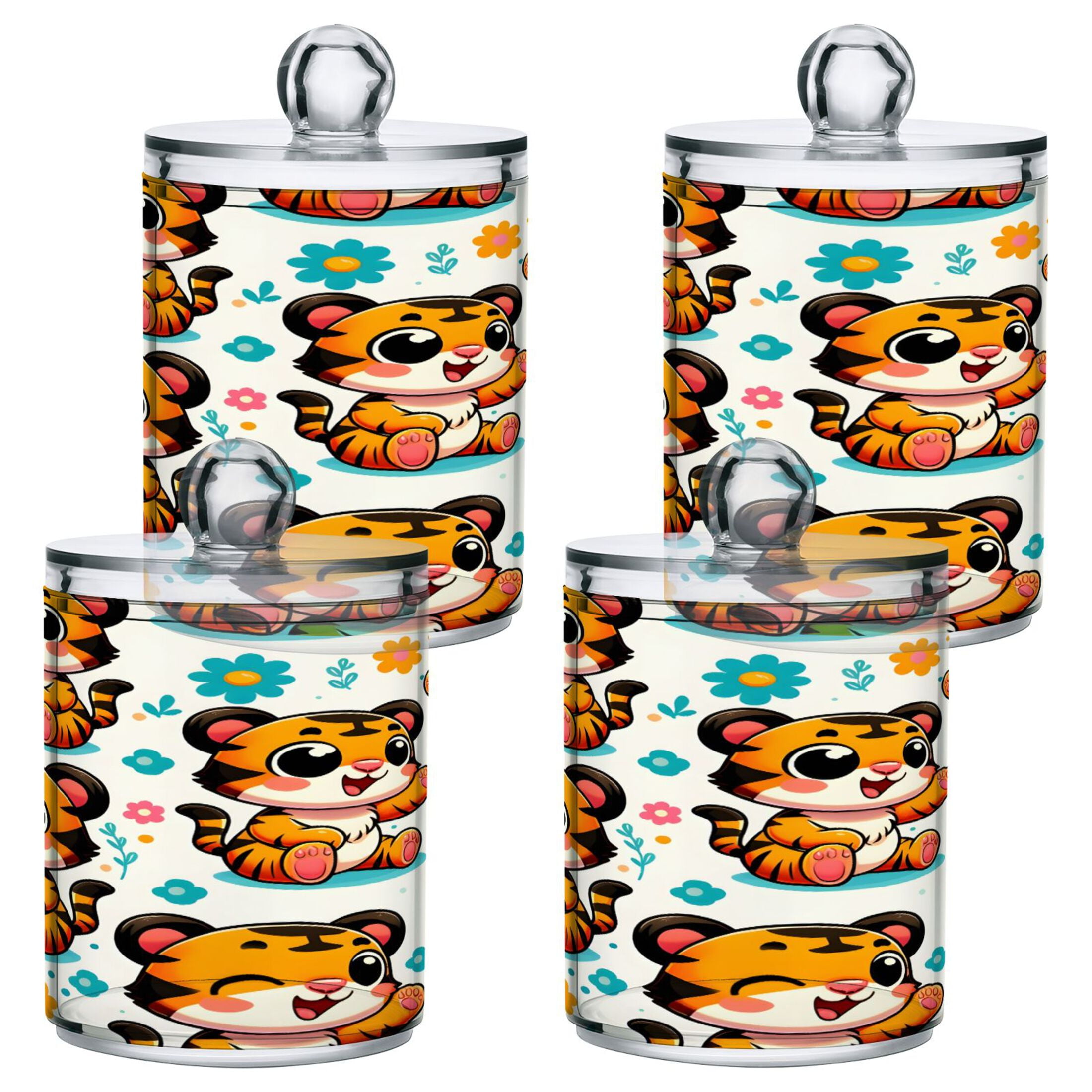4 Pack Qtip Holder Dispenser Cartoon Tigers Sit Clear Plastic Storage ...