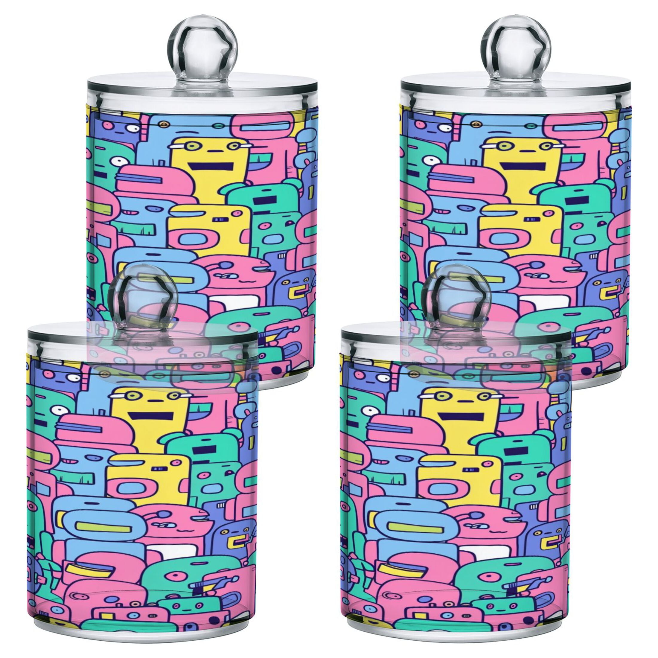 4 Pack Qtip Holder Dispenser Colorful Cartoon Robots Clear Plastic ...