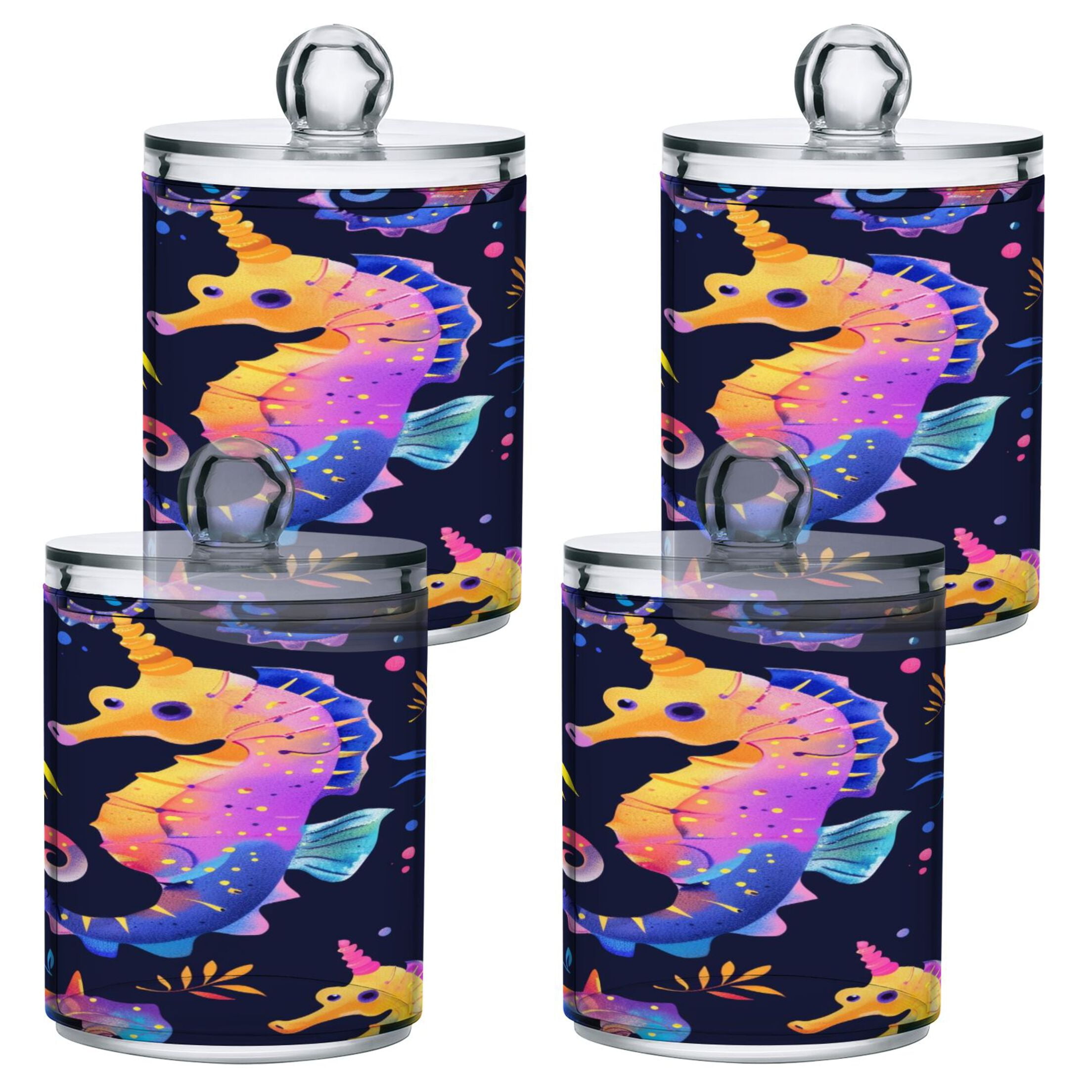 4 Pack Qtip Holder Dispenser Colorful Seahorse and Leaf Clear Plastic ...