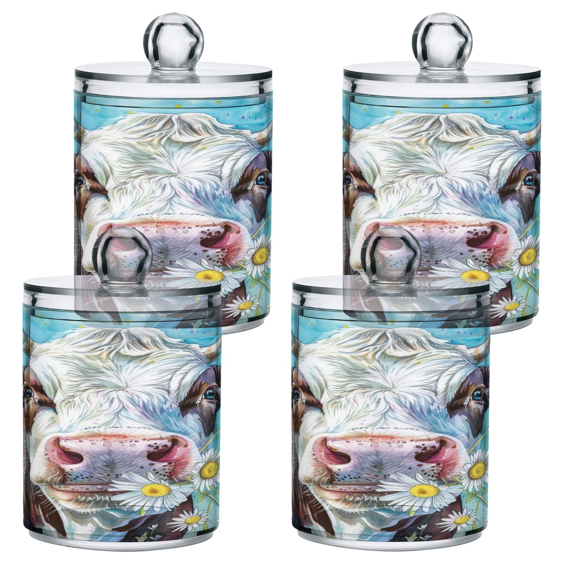 4 Pack Qtip Holder Dispenser Cow and Daisy Clear Plastic Storage ...