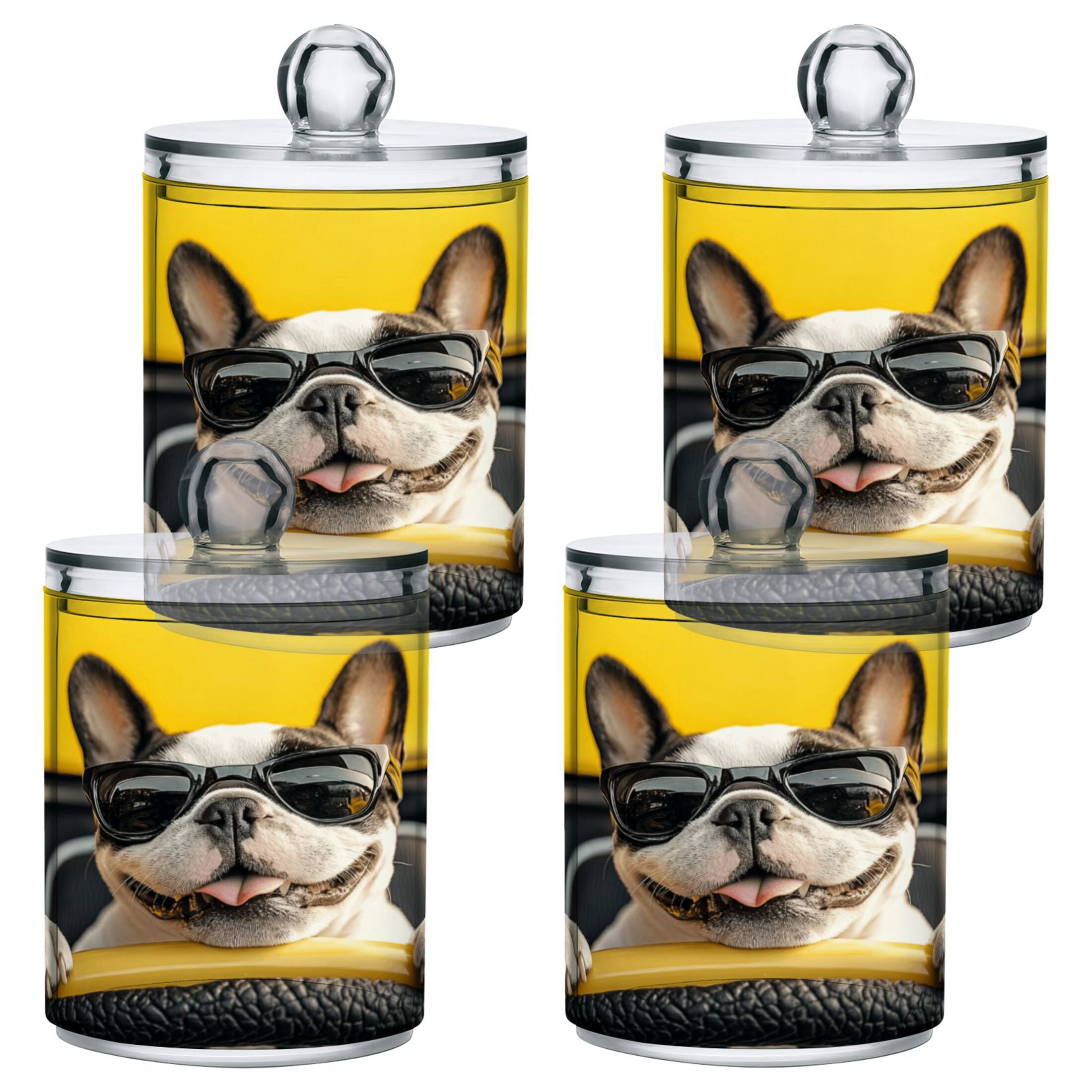 4 Pack Qtip Holder Dispenser Cute Bulldog Driving Yellow Car Clear ...
