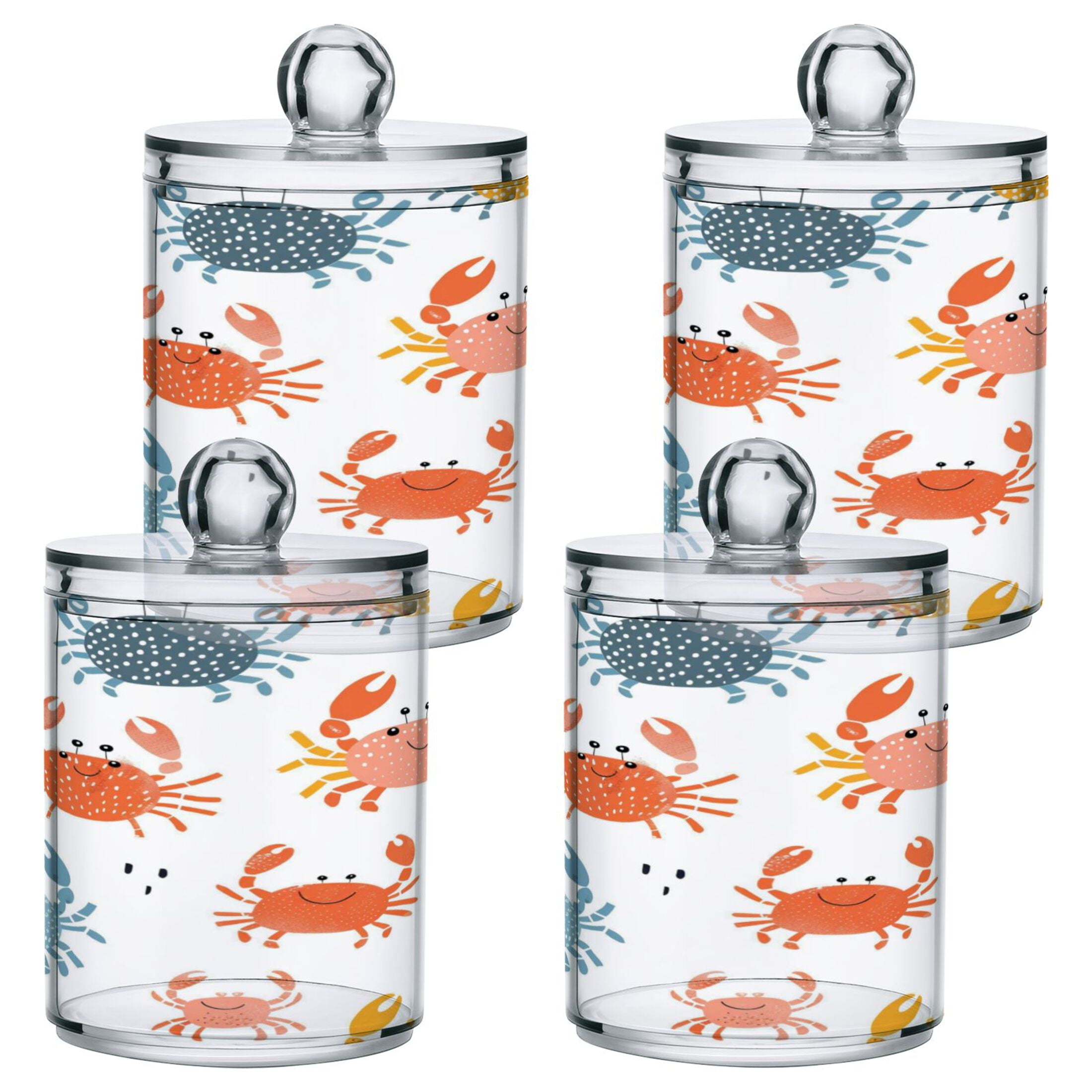 4 Pack Qtip Holder Dispenser Cute Colorful Crabs Clear Plastic Storage ...