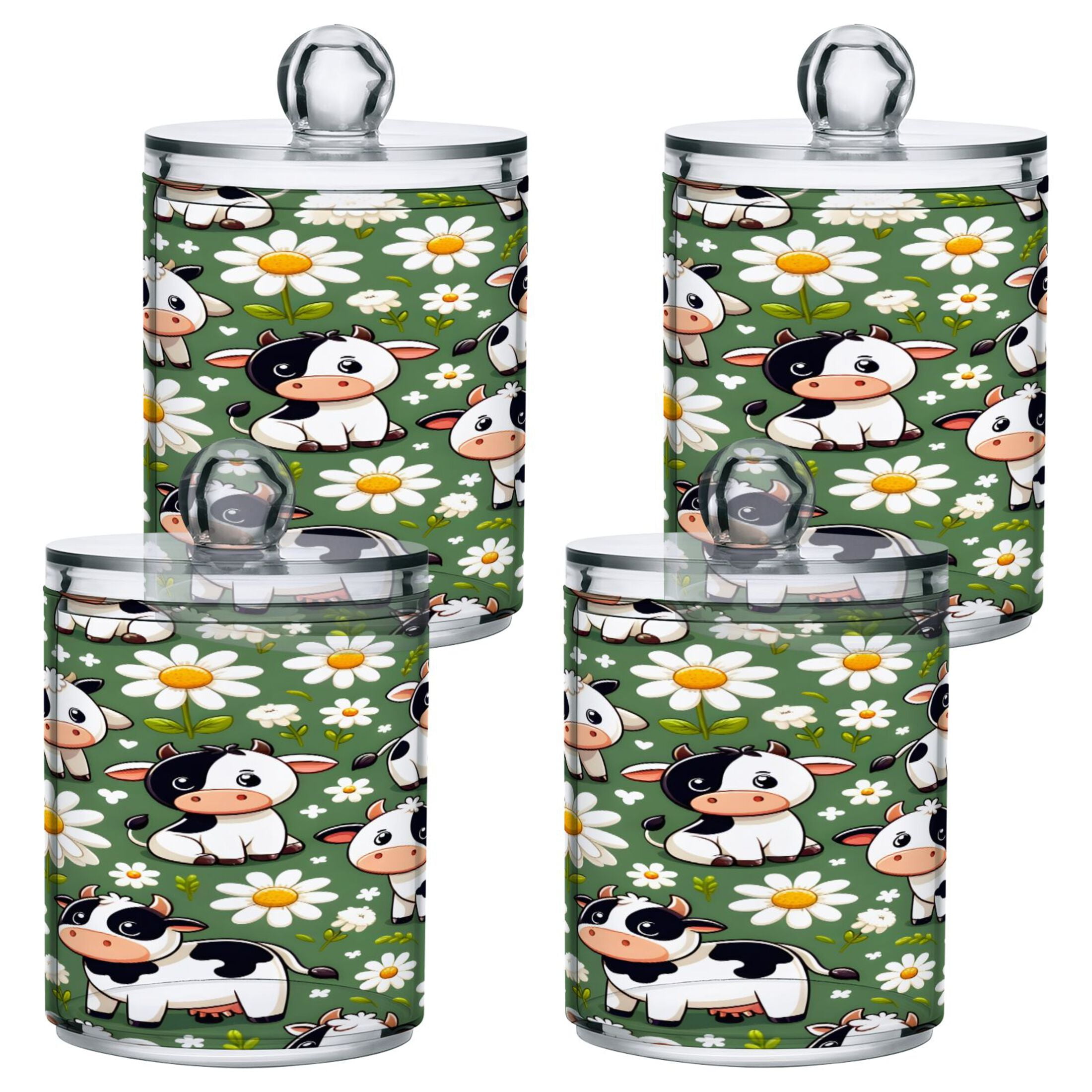 4 Pack Qtip Holder Dispenser Cute Cow and Daisy Clear Plastic Storage ...