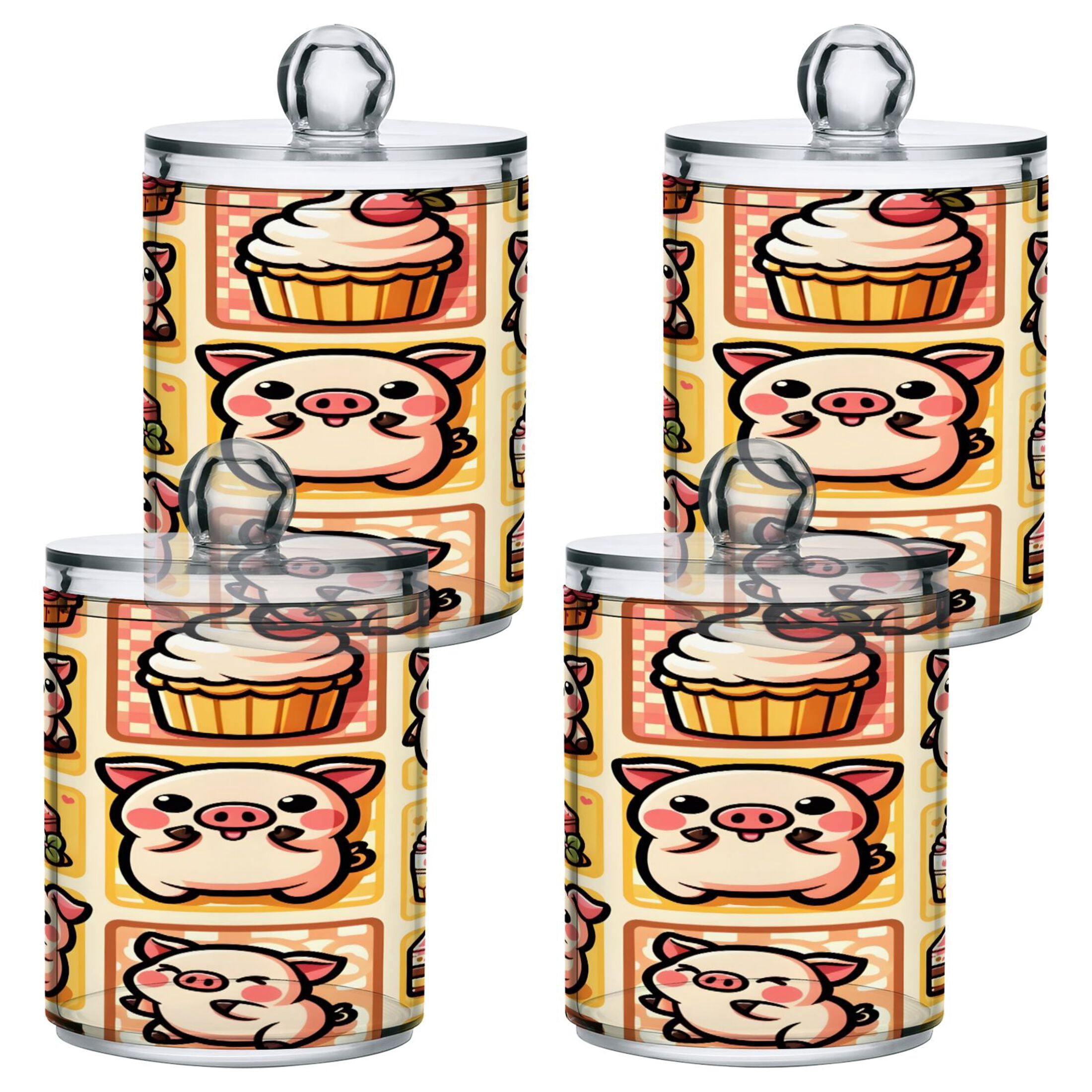 4 Pack Qtip Holder Dispenser Cute Pig with Cake Clear Plastic Storage ...