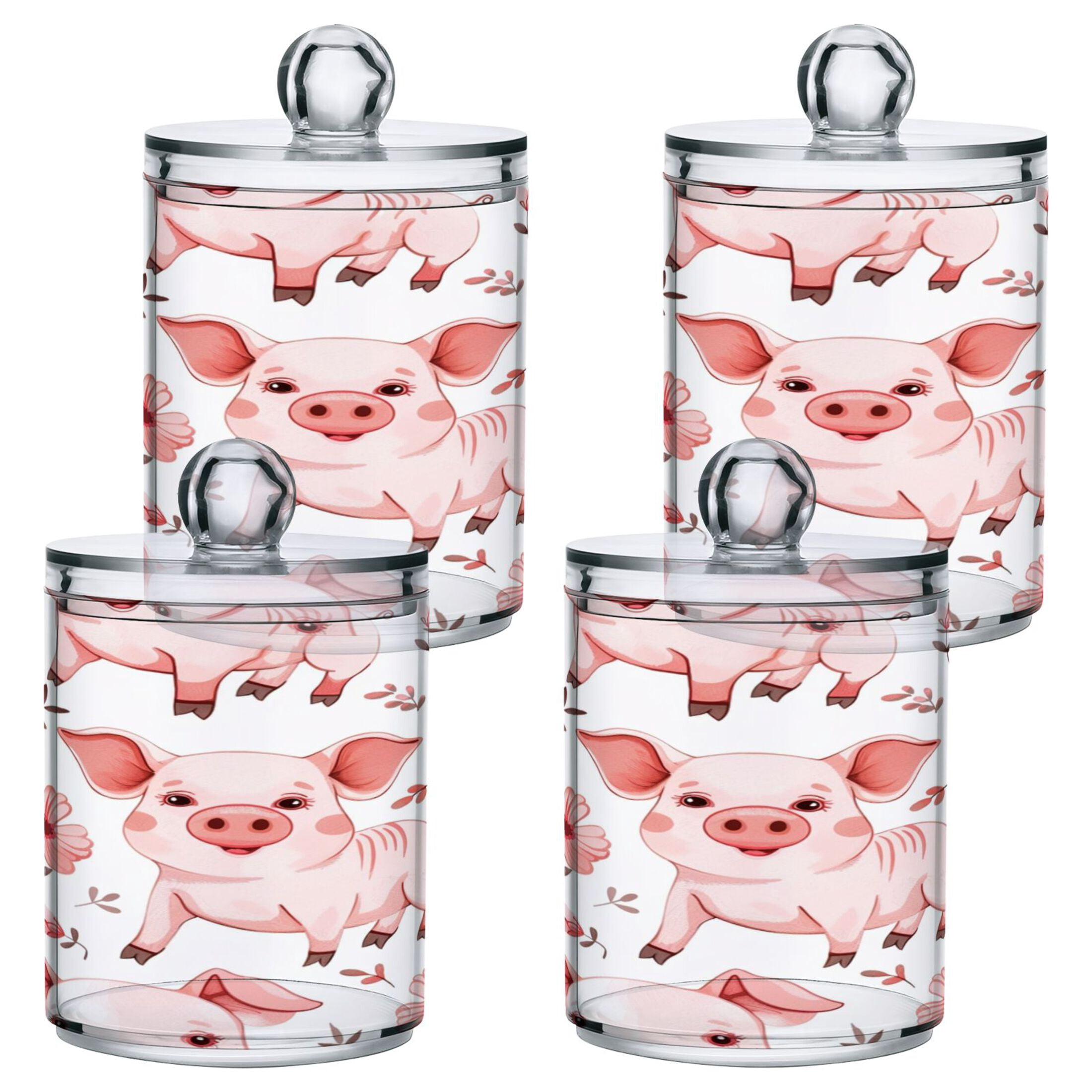 4 Pack Qtip Holder Dispenser Cute Pig with Flower Clear Plastic Storage ...