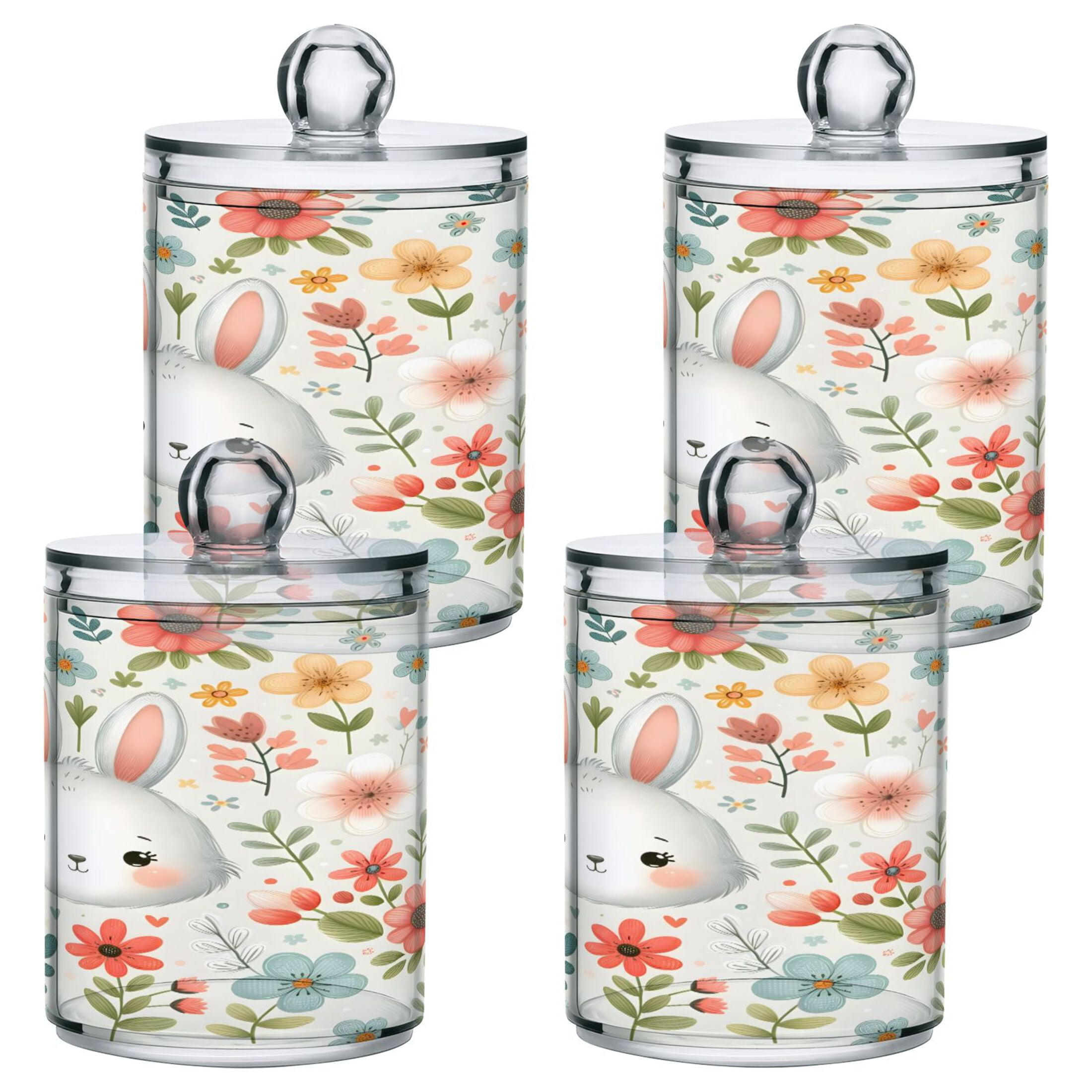 4 Pack Qtip Holder Dispenser Cute Rabbit Face and Flowers Clear Plastic ...