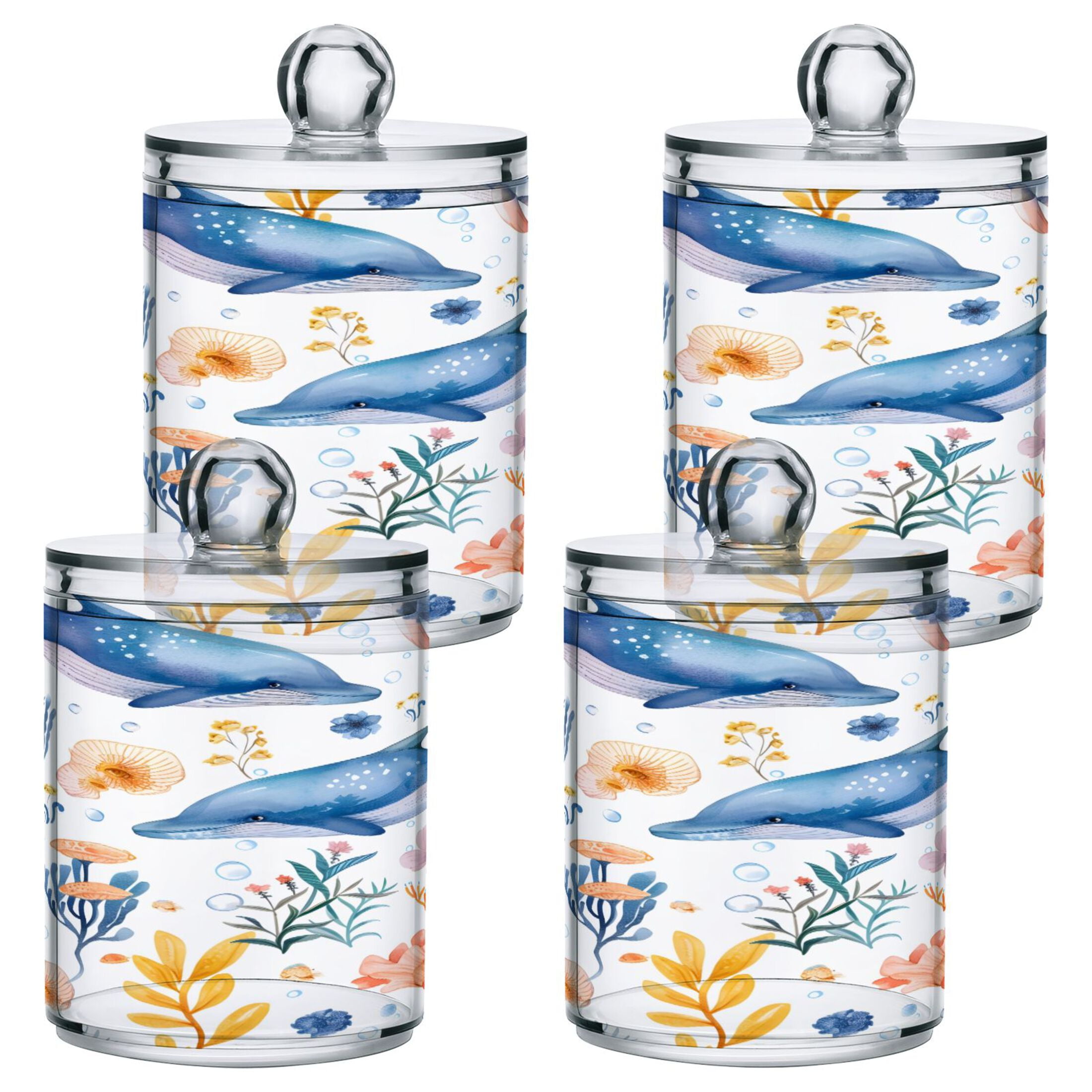 4 Pack Qtip Holder Dispenser Dolphins and Flowers Clear Plastic Storage ...
