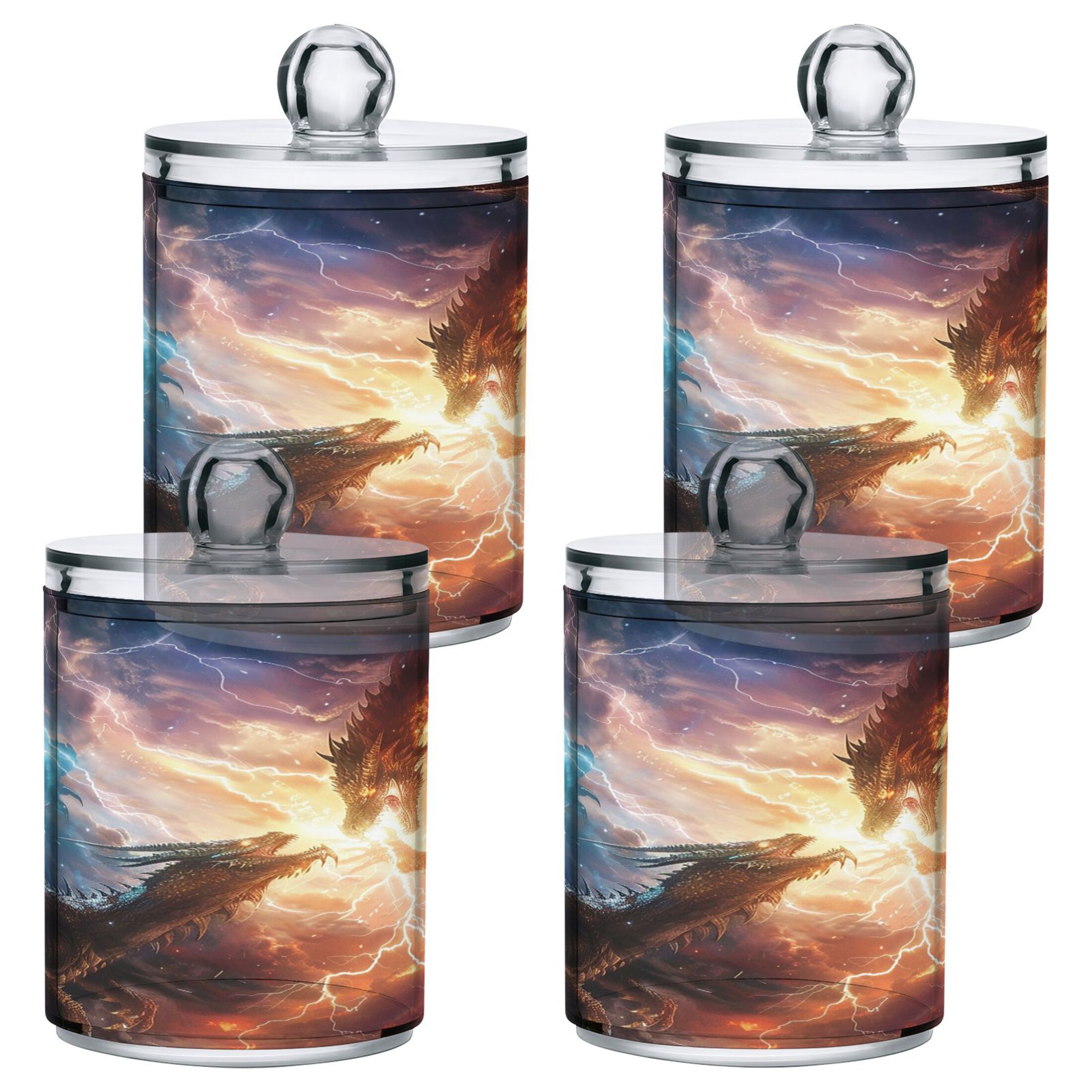 4 Pack Qtip Holder Dispenser Dragon Battle in Sky Clear Plastic Storage ...