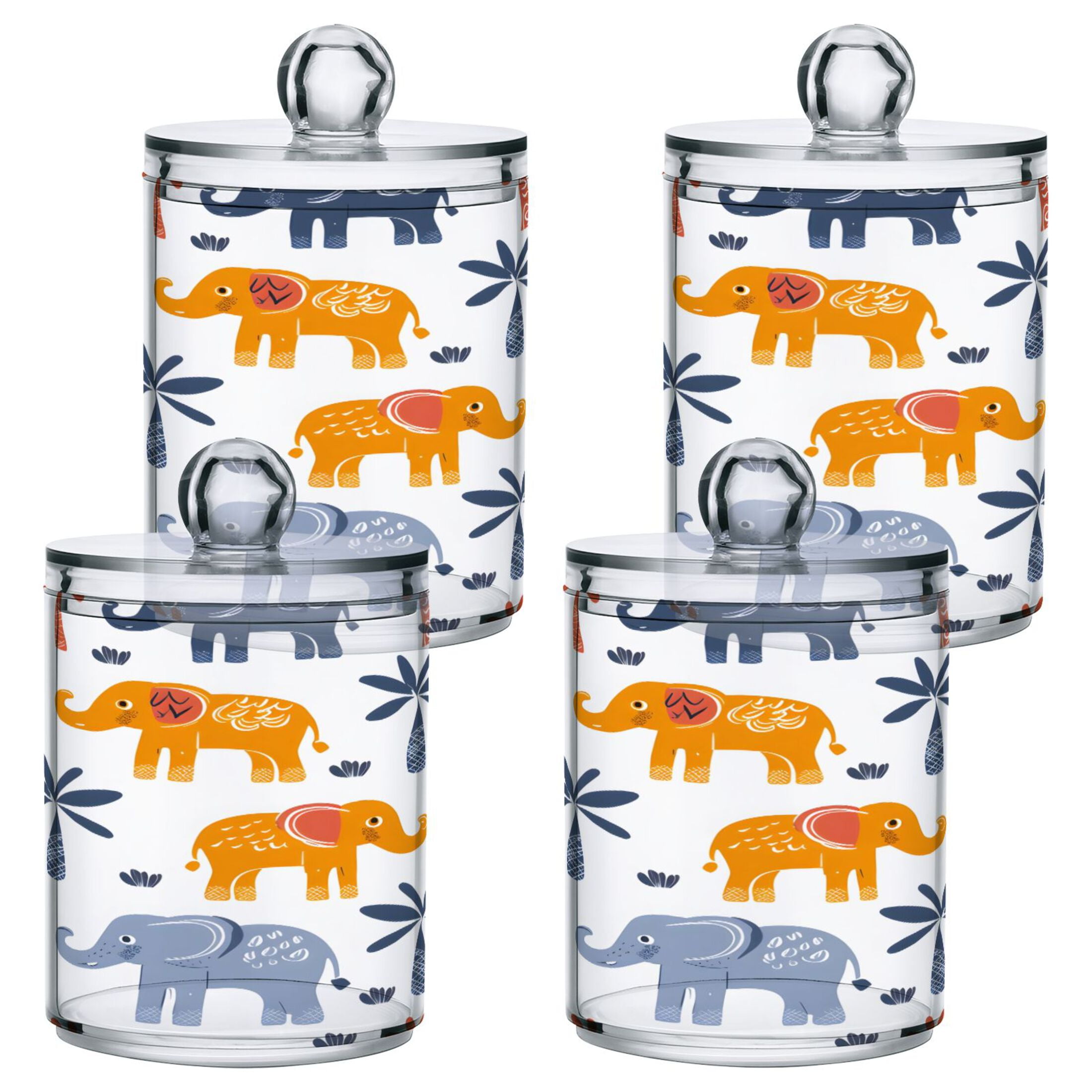 4 Pack Qtip Holder Dispenser Elephants with Palms Trees Clear Plastic ...