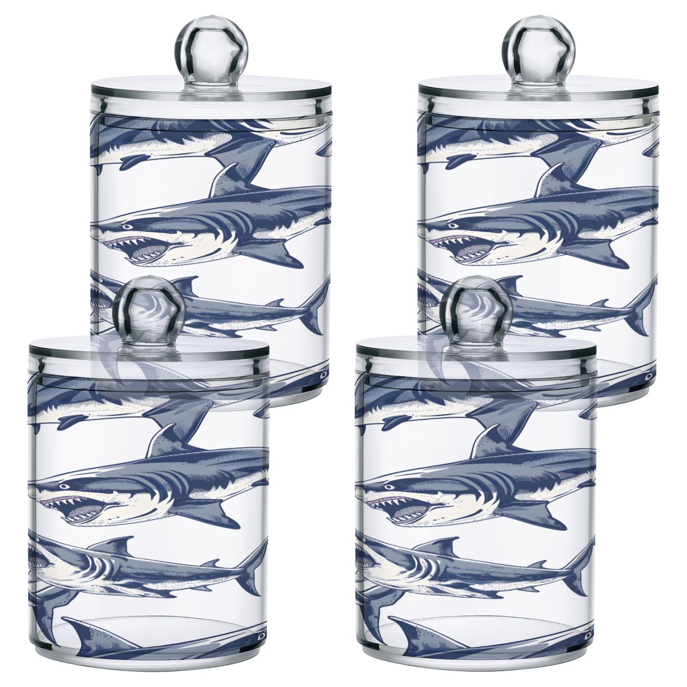 4 Pack Qtip Holder Dispenser Fierce Angry Sharks Clear Plastic Storage Apothecary Jars for ...