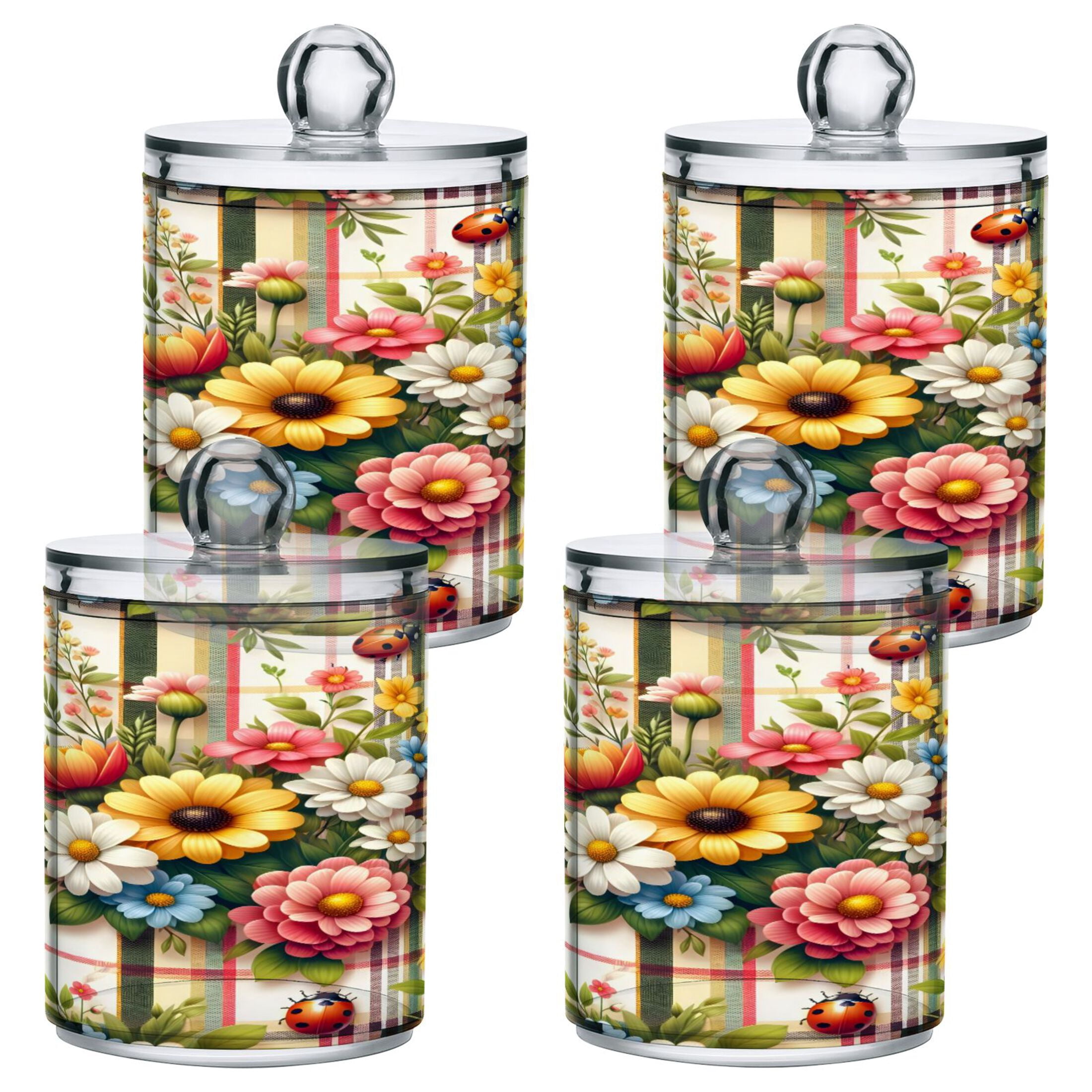 4 Pack Qtip Holder Dispenser Flowers with Lady Bugs Clear Plastic ...