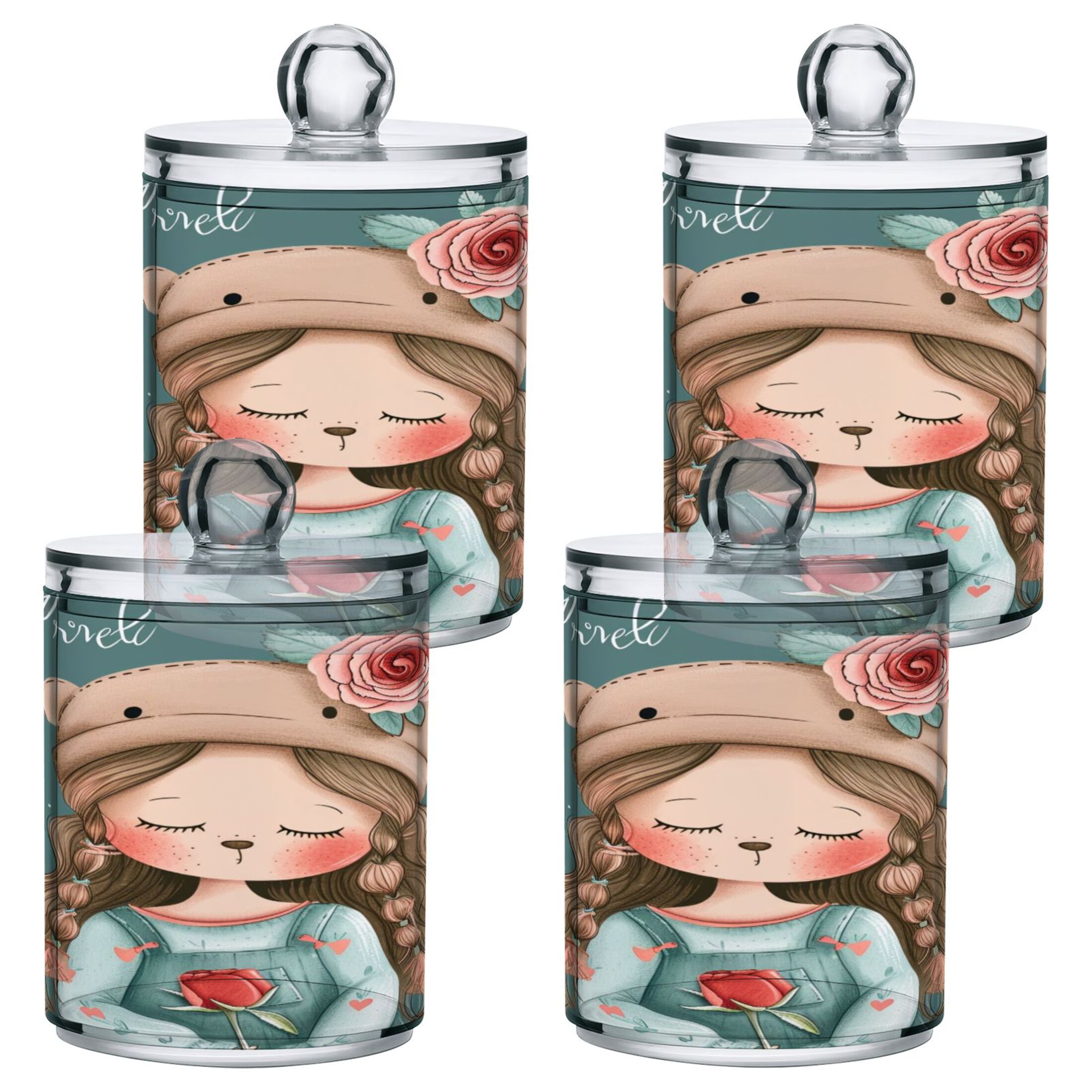 4 Pack Qtip Holder Dispenser Girl Rose Flowers Clear Plastic Storage ...