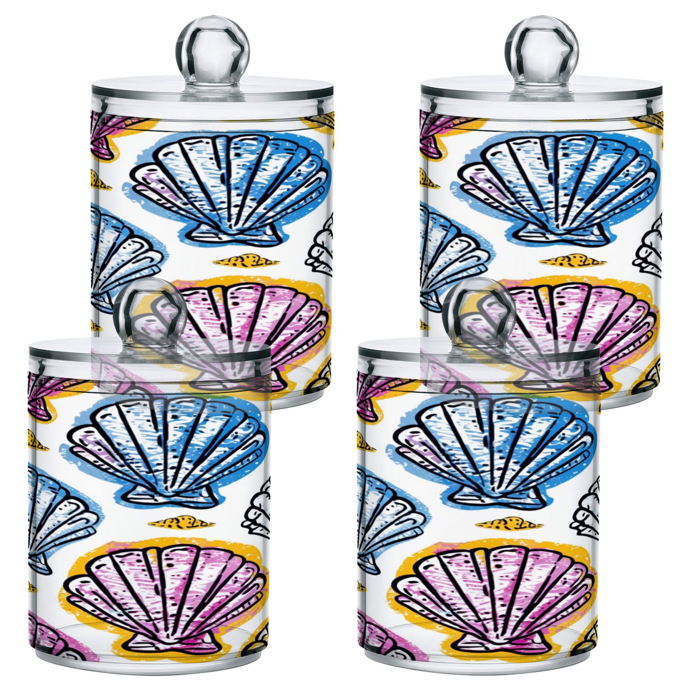 4 Pack Qtip Holder Dispenser Graphic Seashells Clear Plastic Storage ...