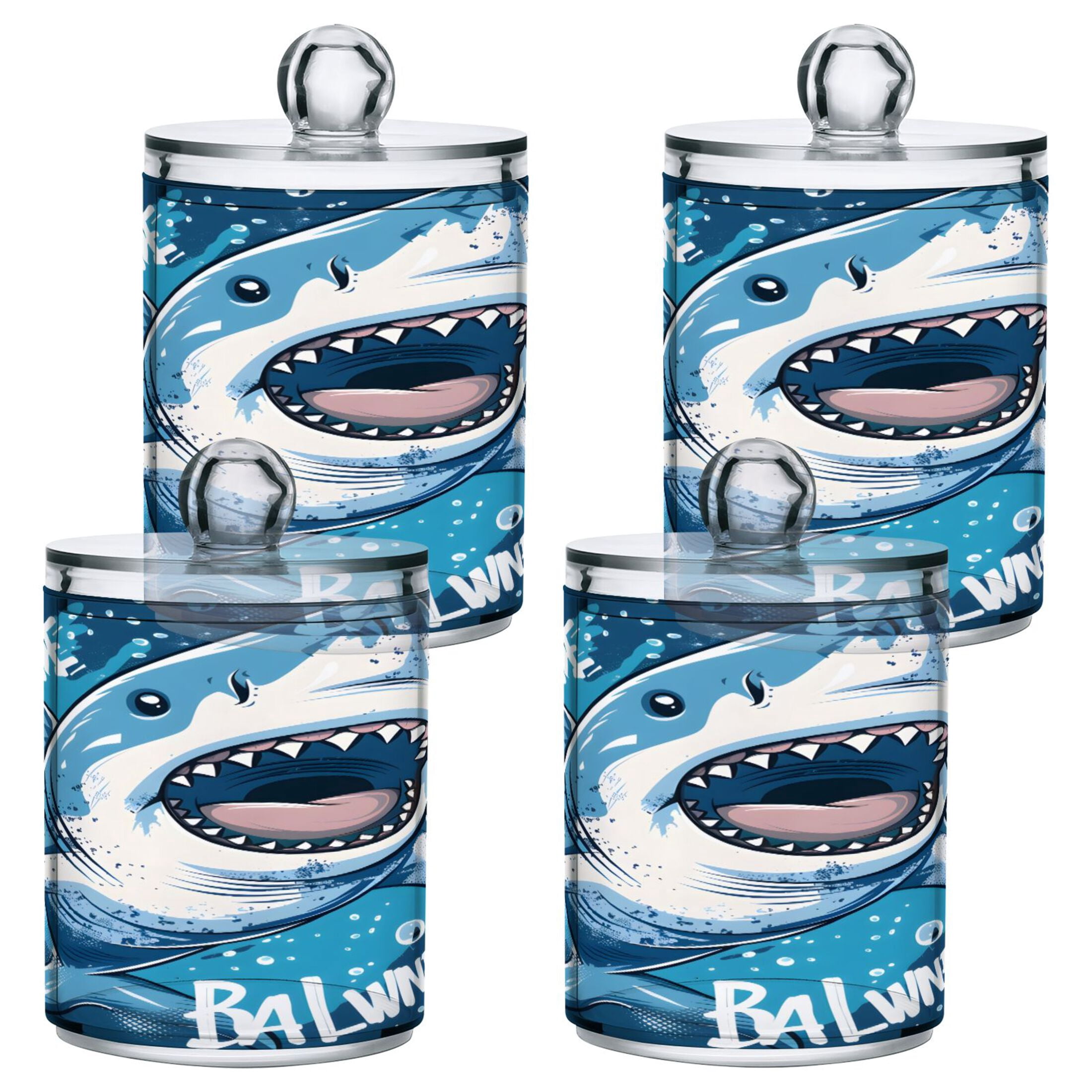 4 Pack Qtip Holder Dispenser Hand Drawn Cartoon Shark Clear Plastic ...