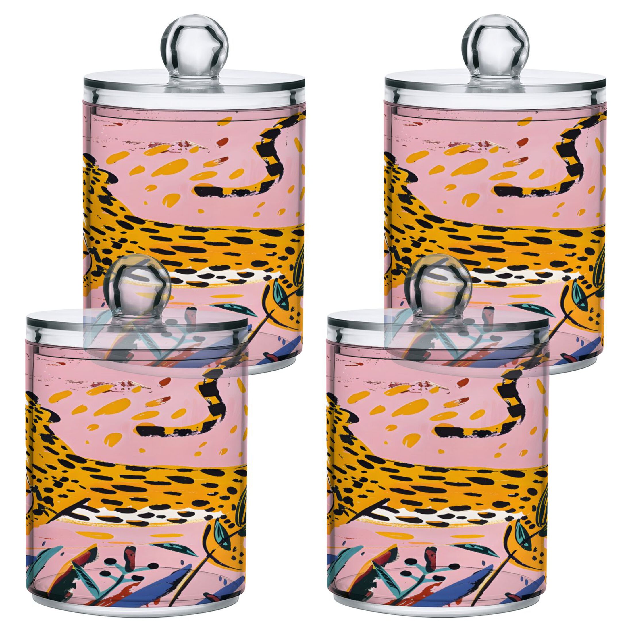 4 Pack Qtip Holder Dispenser Hand Drawn Leopard Clear Plastic Storage ...