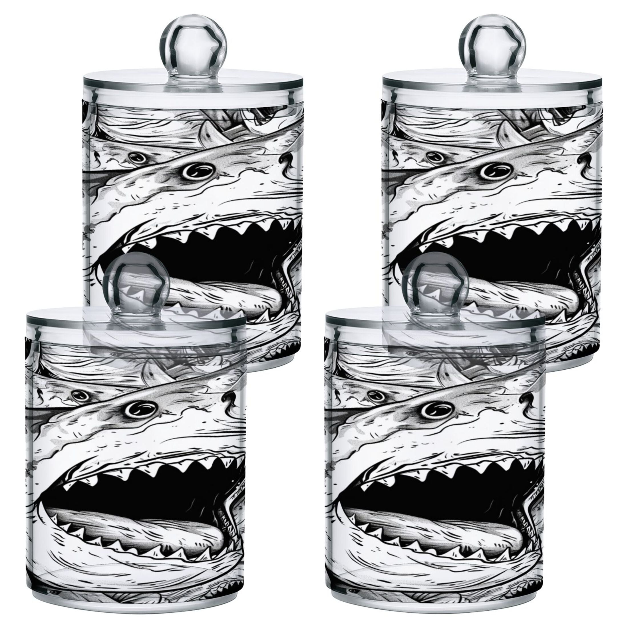 4 Pack Qtip Holder Dispenser Hand Drawn Shark Clear Plastic Storage ...