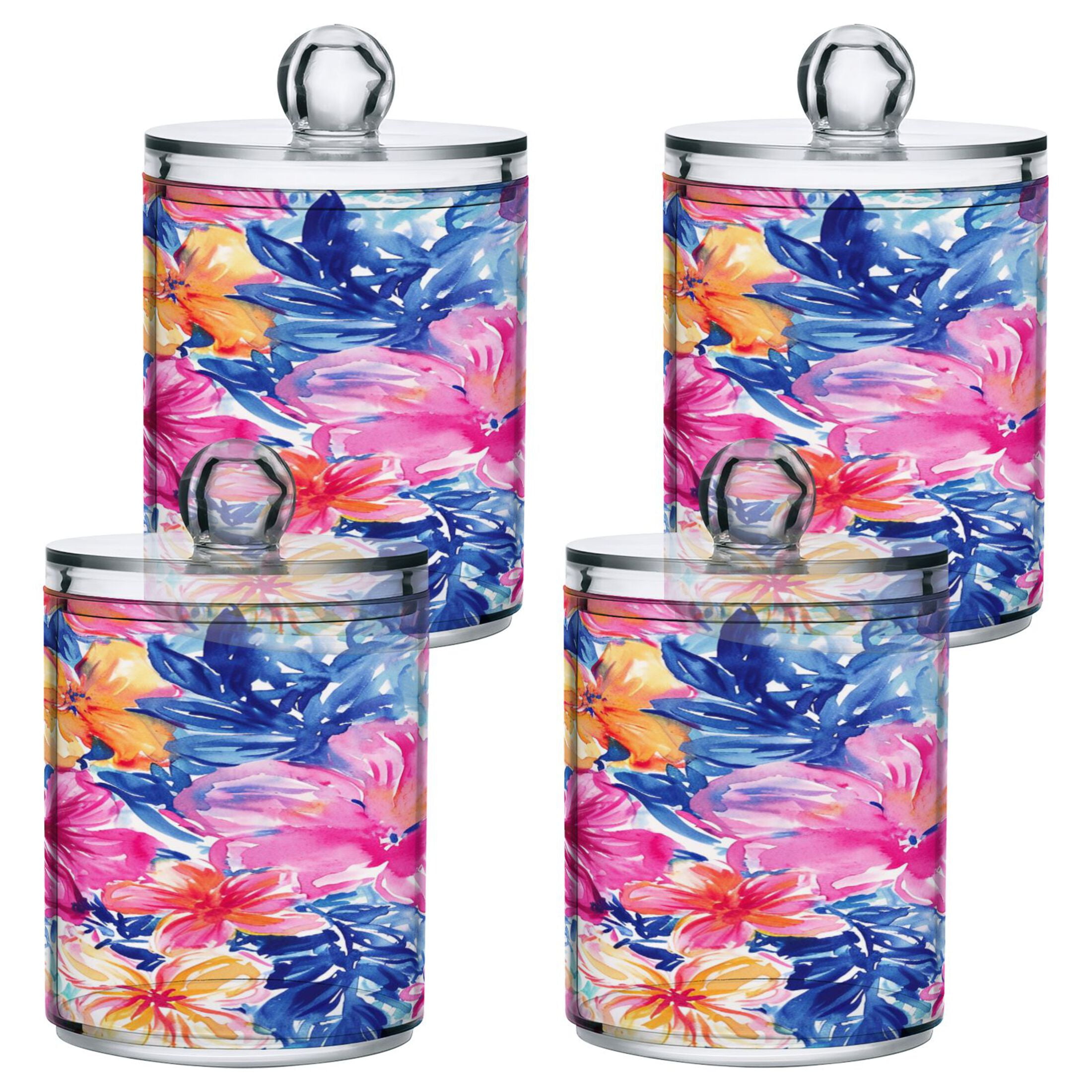 4 Pack Qtip Holder Dispenser Hand Drawn Watercolor Flower Clear Plastic ...