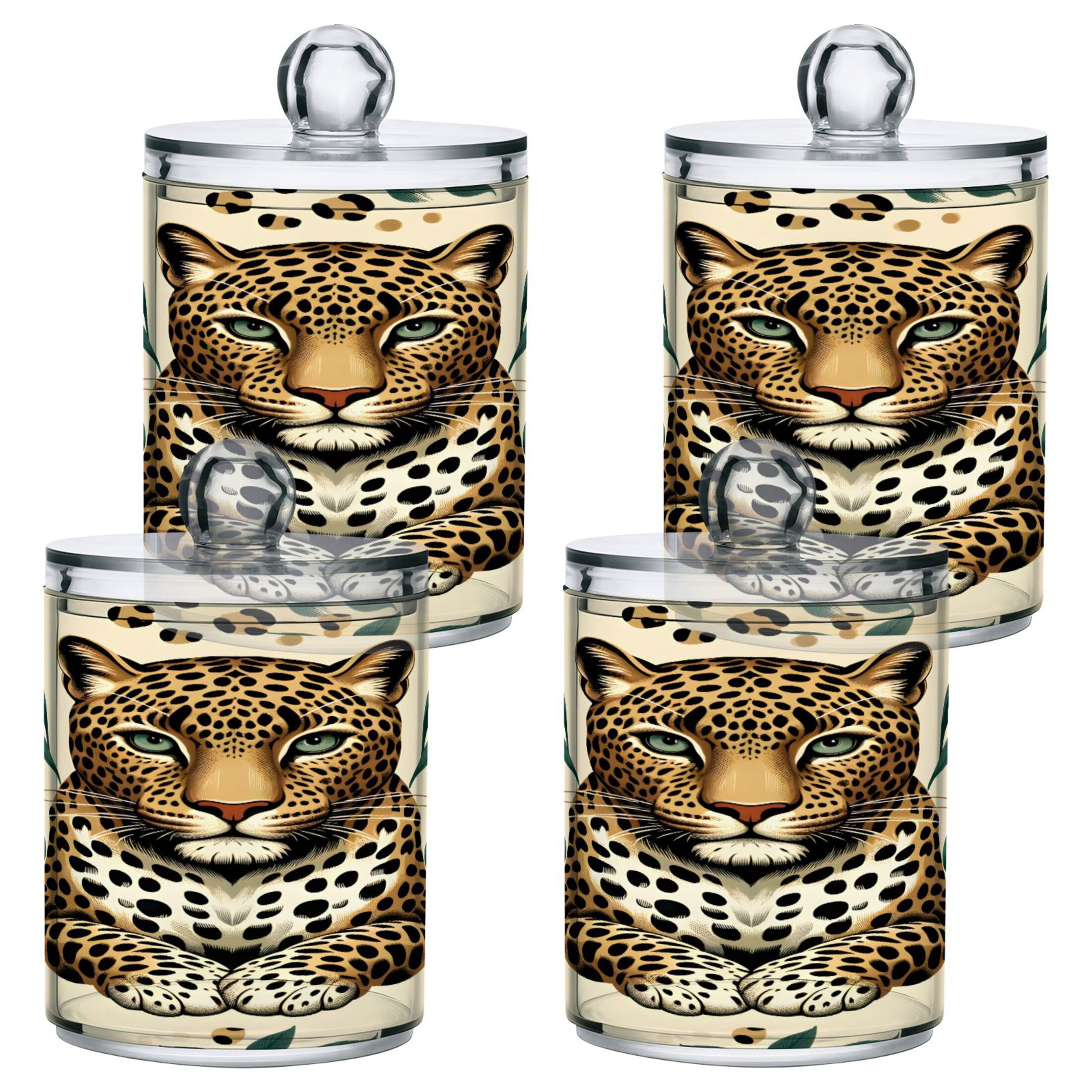 4 Pack Qtip Holder Dispenser Leopard in Leaves Clear Plastic Storage ...