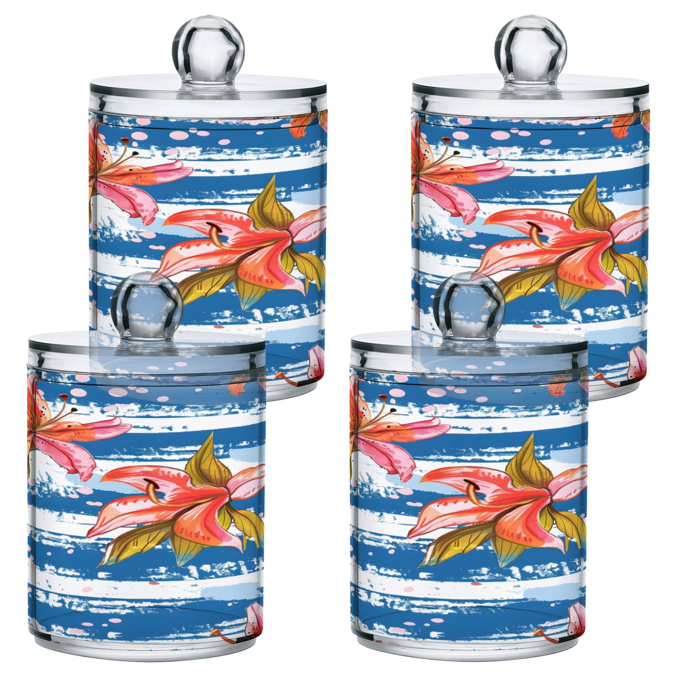 4 Pack Qtip Holder Dispenser Lily Flowers on Stripe Clear Plastic ...