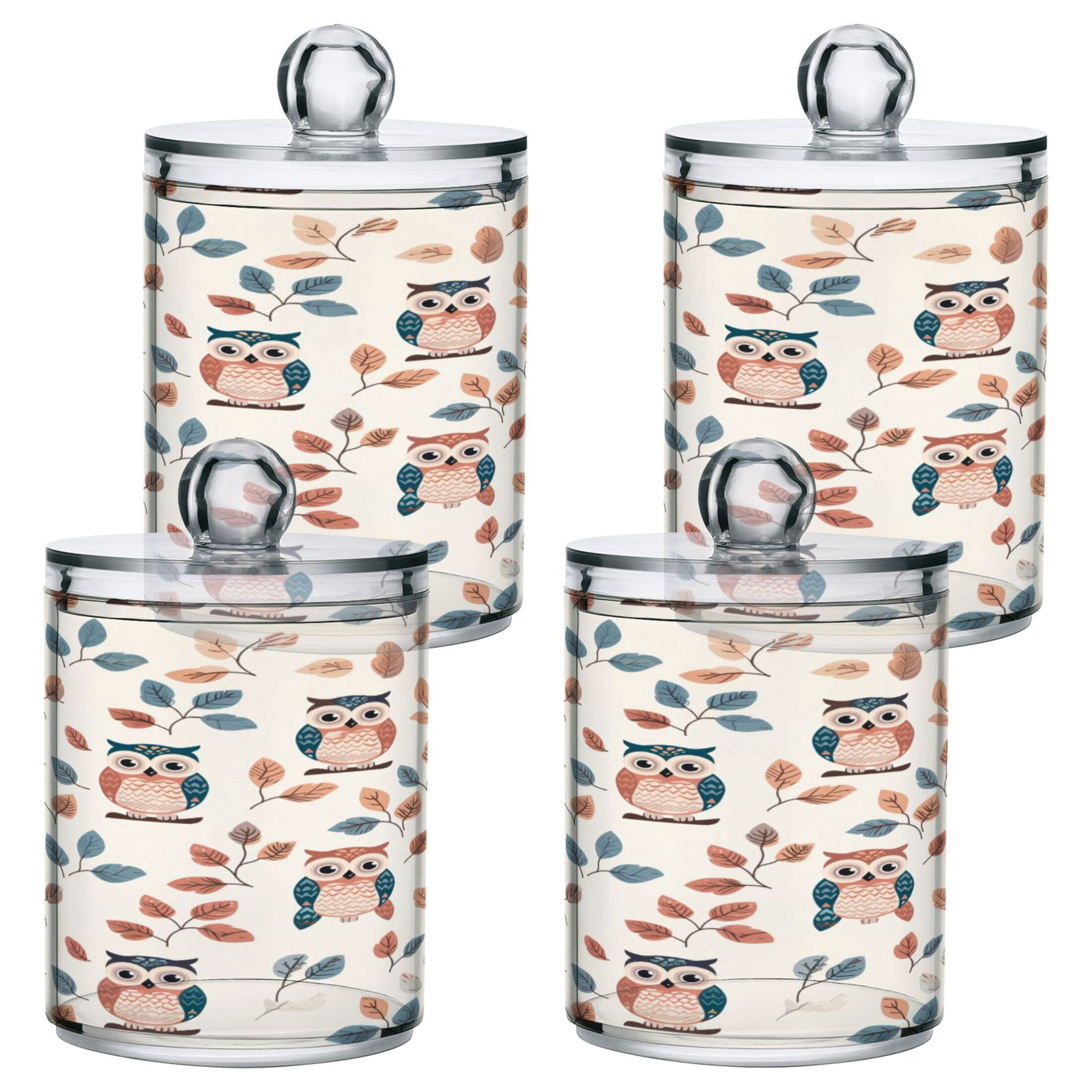 4 Pack Qtip Holder Dispenser Owls and Leaves Clear Plastic Storage ...