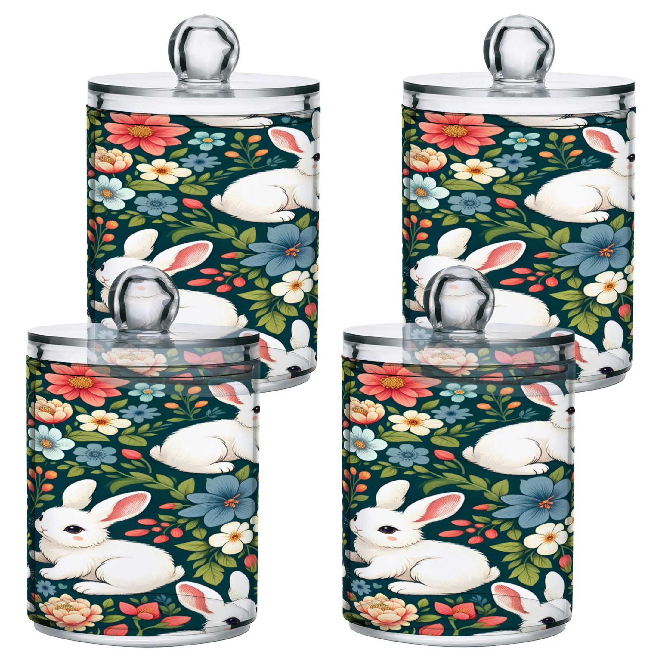 4 Pack Qtip Holder Dispenser Rabbits in Flower Sea Clear Plastic ...
