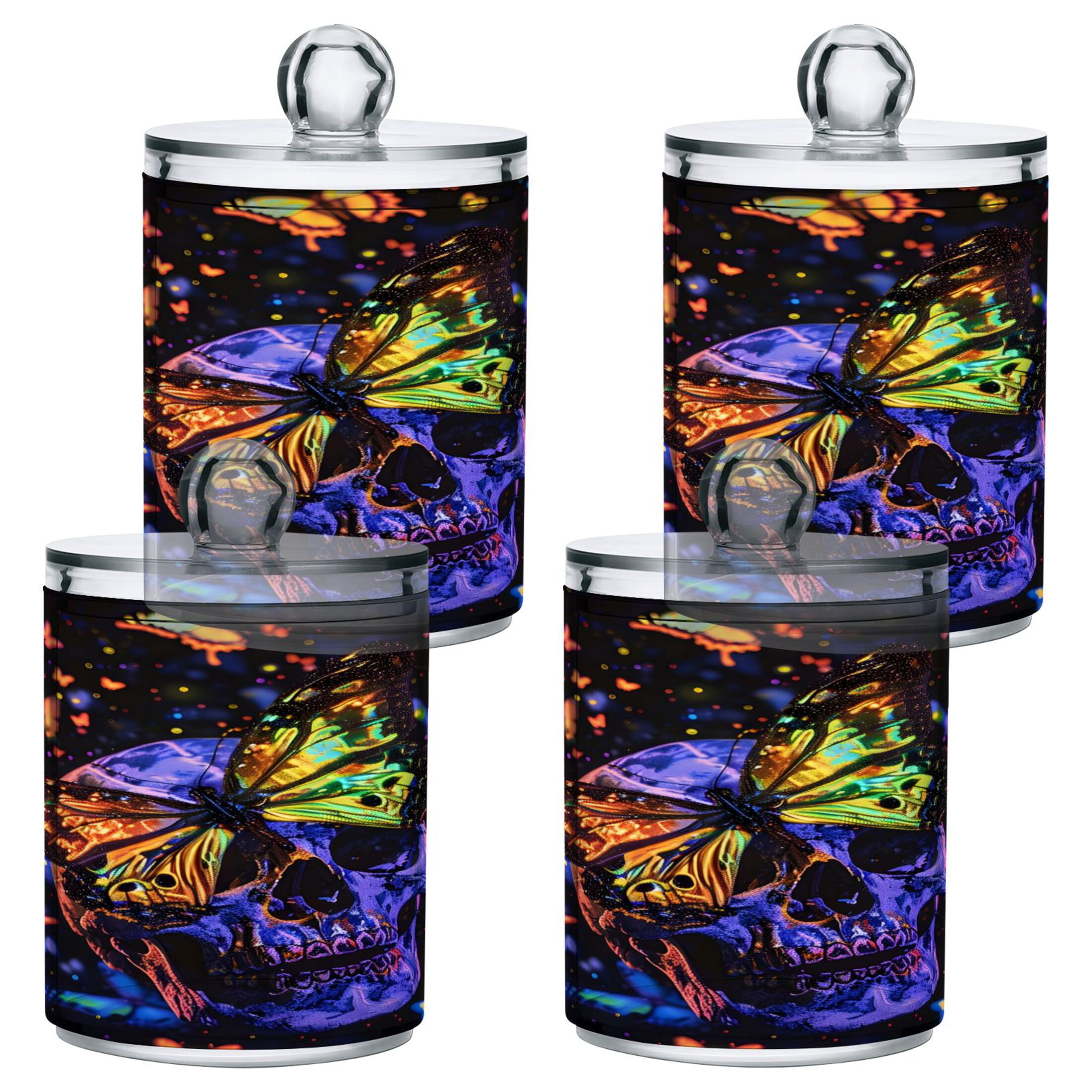 4 Pack Qtip Holder Dispenser Skull Head with Colorful Butterfly Clear ...