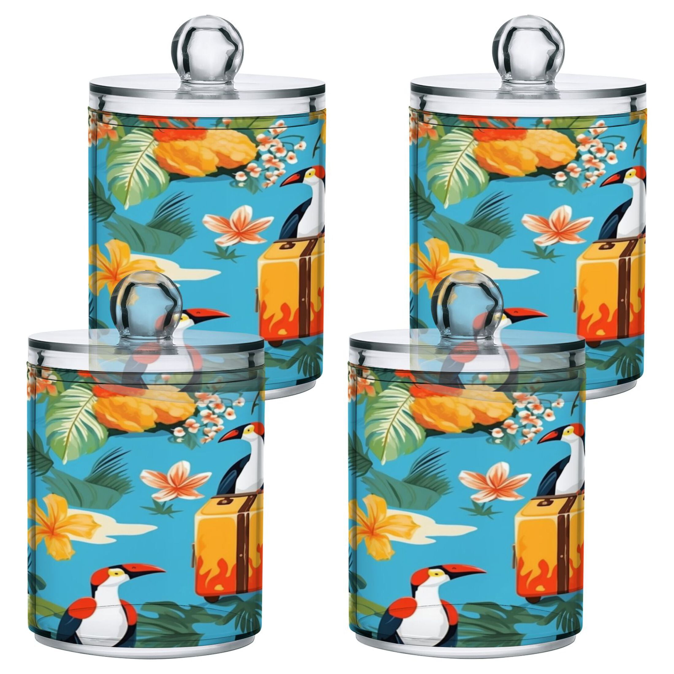 4 Pack Qtip Holder Dispenser Toucans Birds on Luggage Clear Plastic ...