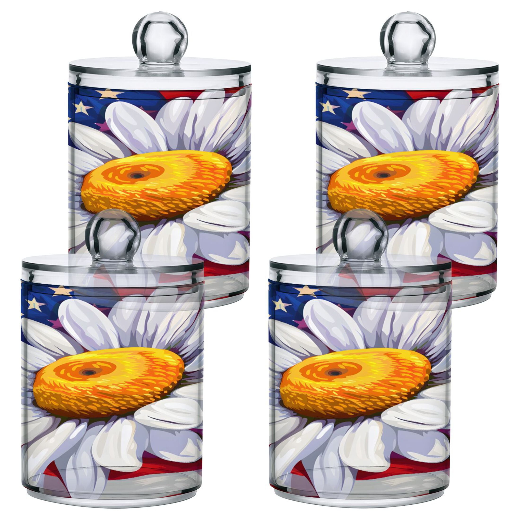 4 Pack Qtip Holder Dispenser Vivid Daisy Flower and America Flat Clear ...
