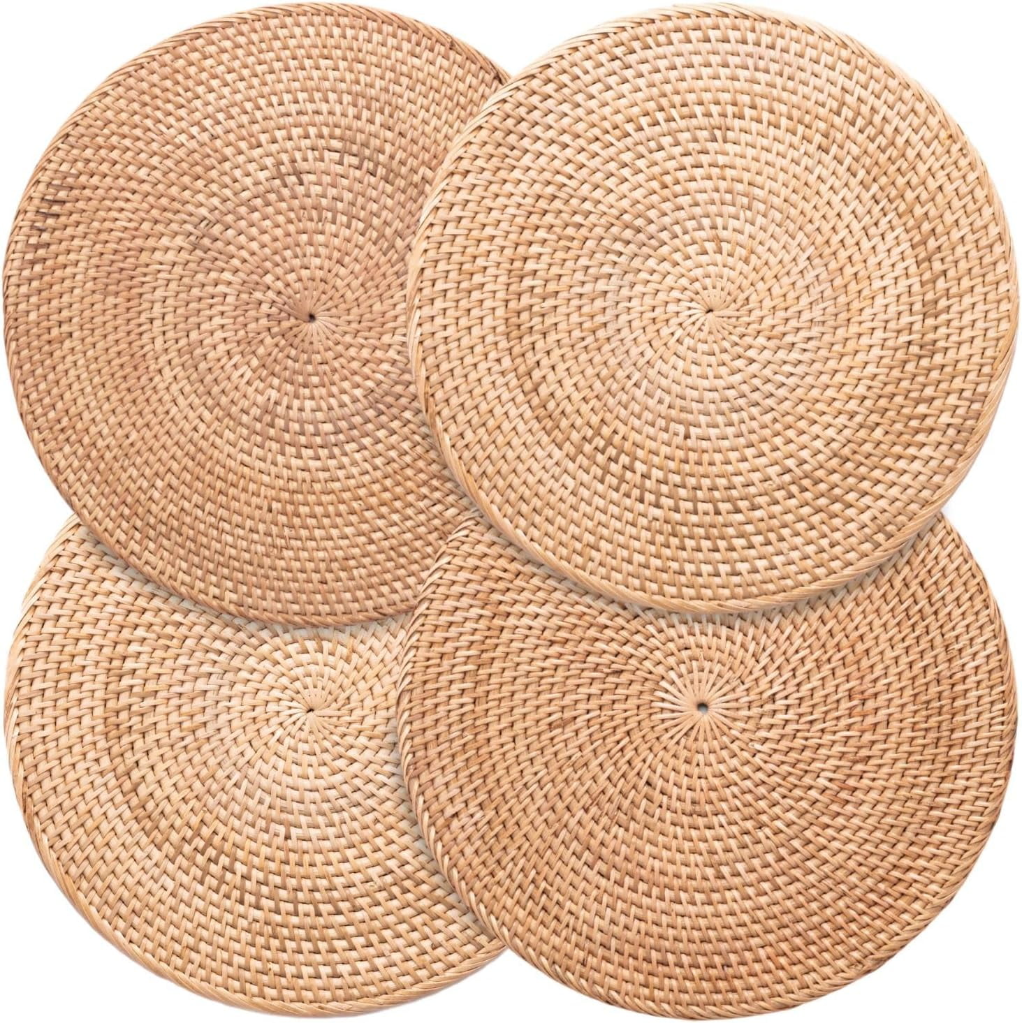 4-Pack Rattan Placemats - 13-inch Round Placemats (Honey Brown) - Woven ...