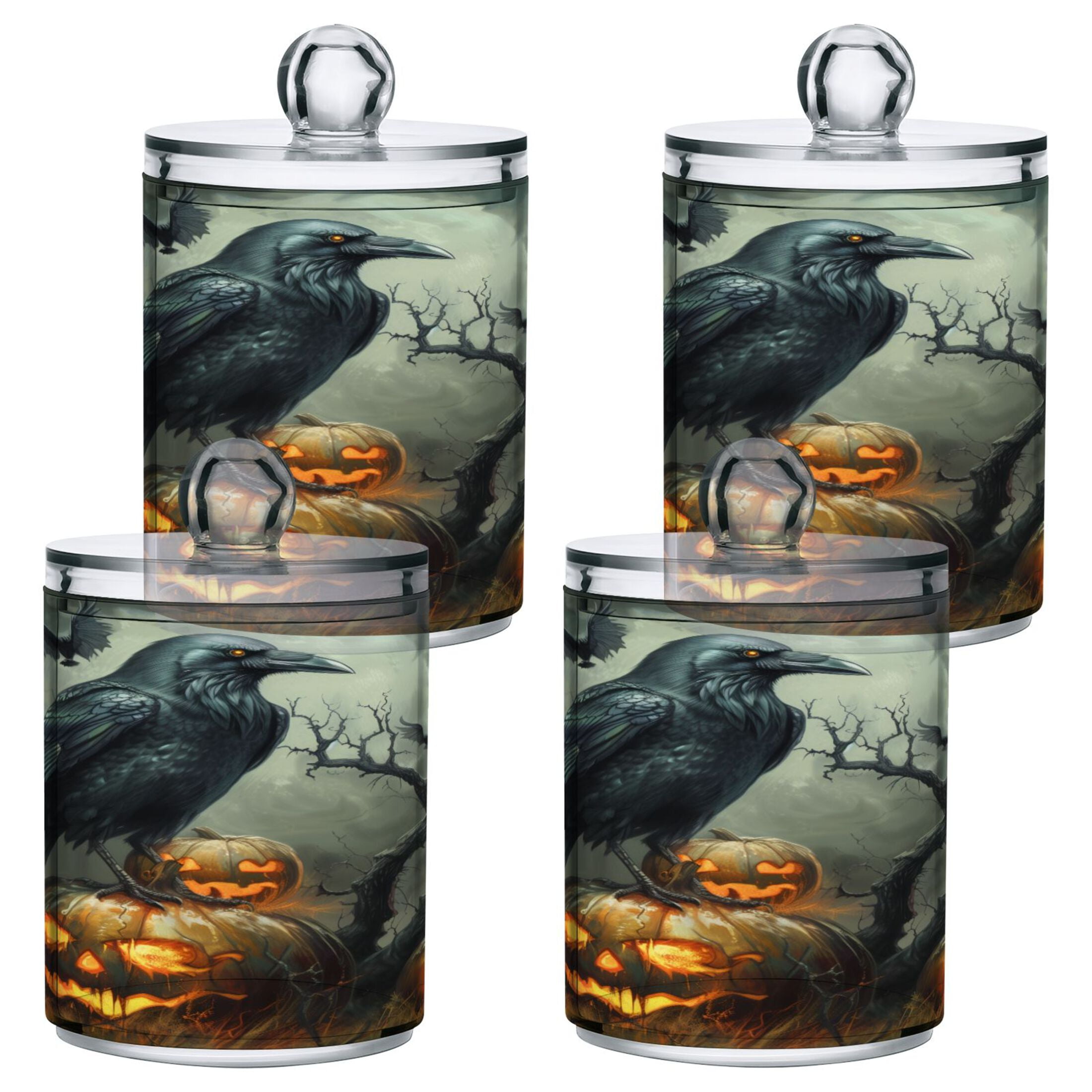 4 Pack Raven Bird and Pumpkins Qtip Holder Dispenser Clear Plastic ...