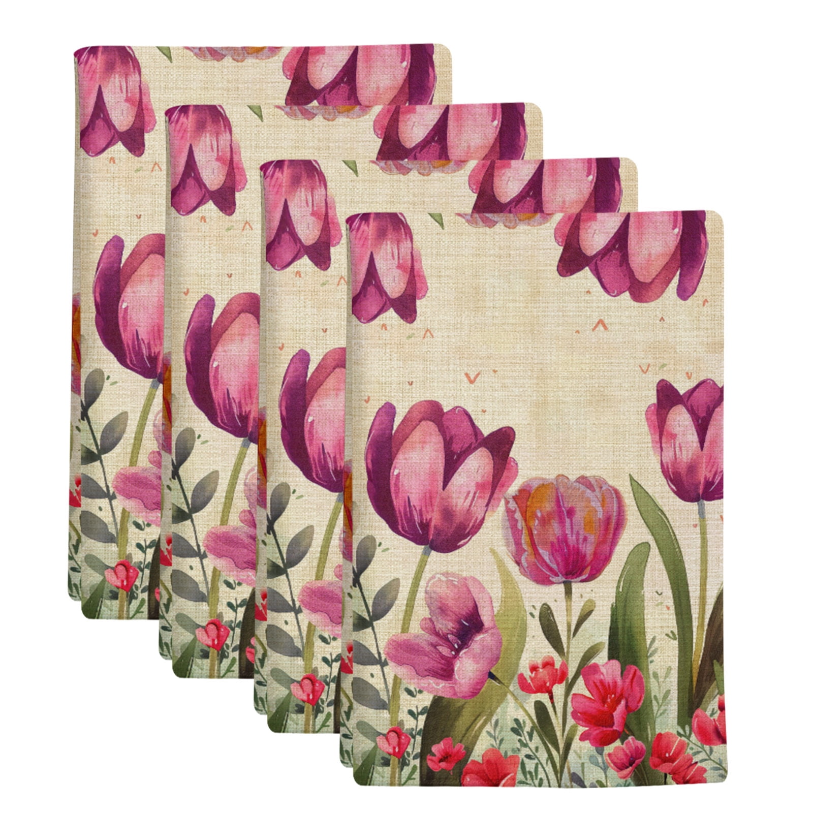 4 Pack Red and Kitchen Towels Pink Tulip Watercolor Floral Retro Linen ...