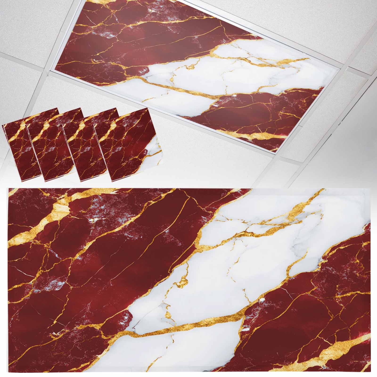 4 Pack Red Marble Fluorescent Light Covers for Ceiling Lights Gold Foil ...