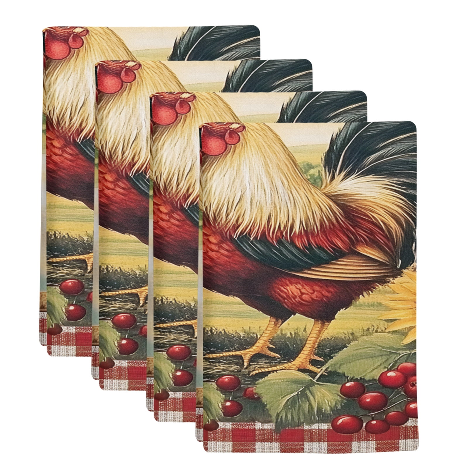 4 Pack Red Rooster Flowers Egg Kitchen Towels Vintage Style Farm ...