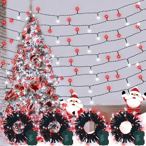 4 Pack Red White Christmas Lights Battery Operated 16.4Ft 50 LED Wreath ...